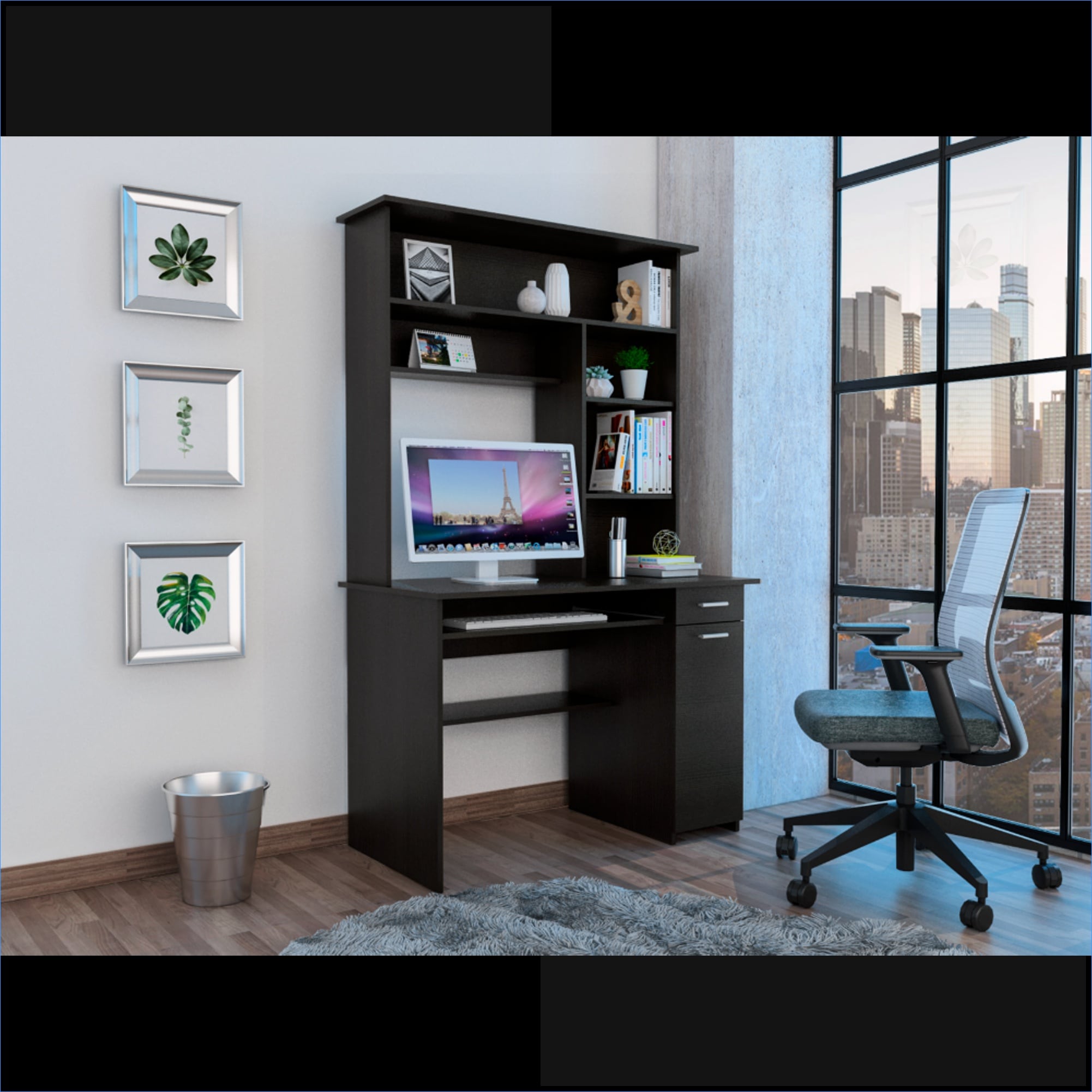 Watnature Sleek Black Particle Board Hutch Desk Functional Home Office ...