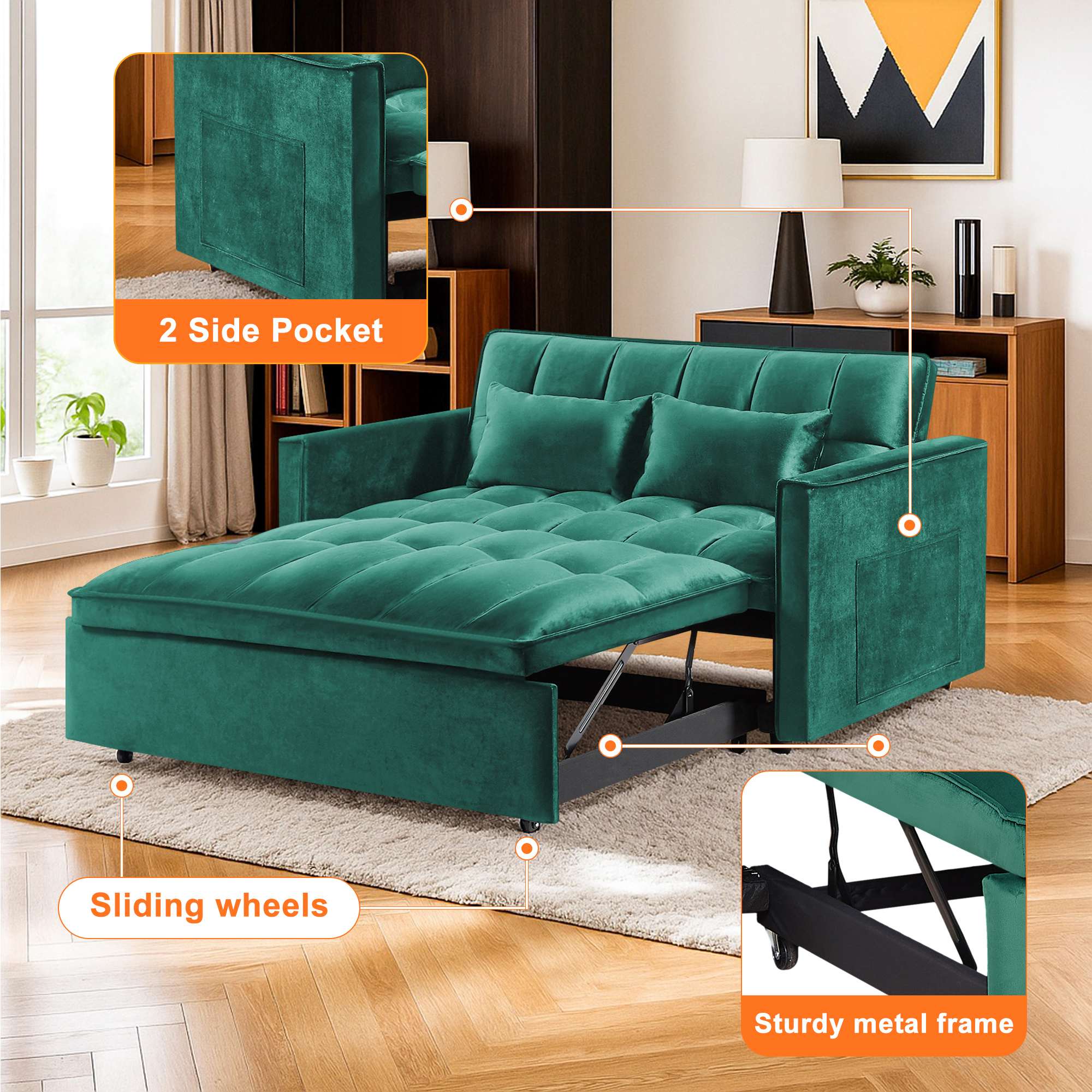 VERYKE 54 inch Futon Sofa Bed with Adjustable Backrest and Side Pockets ...