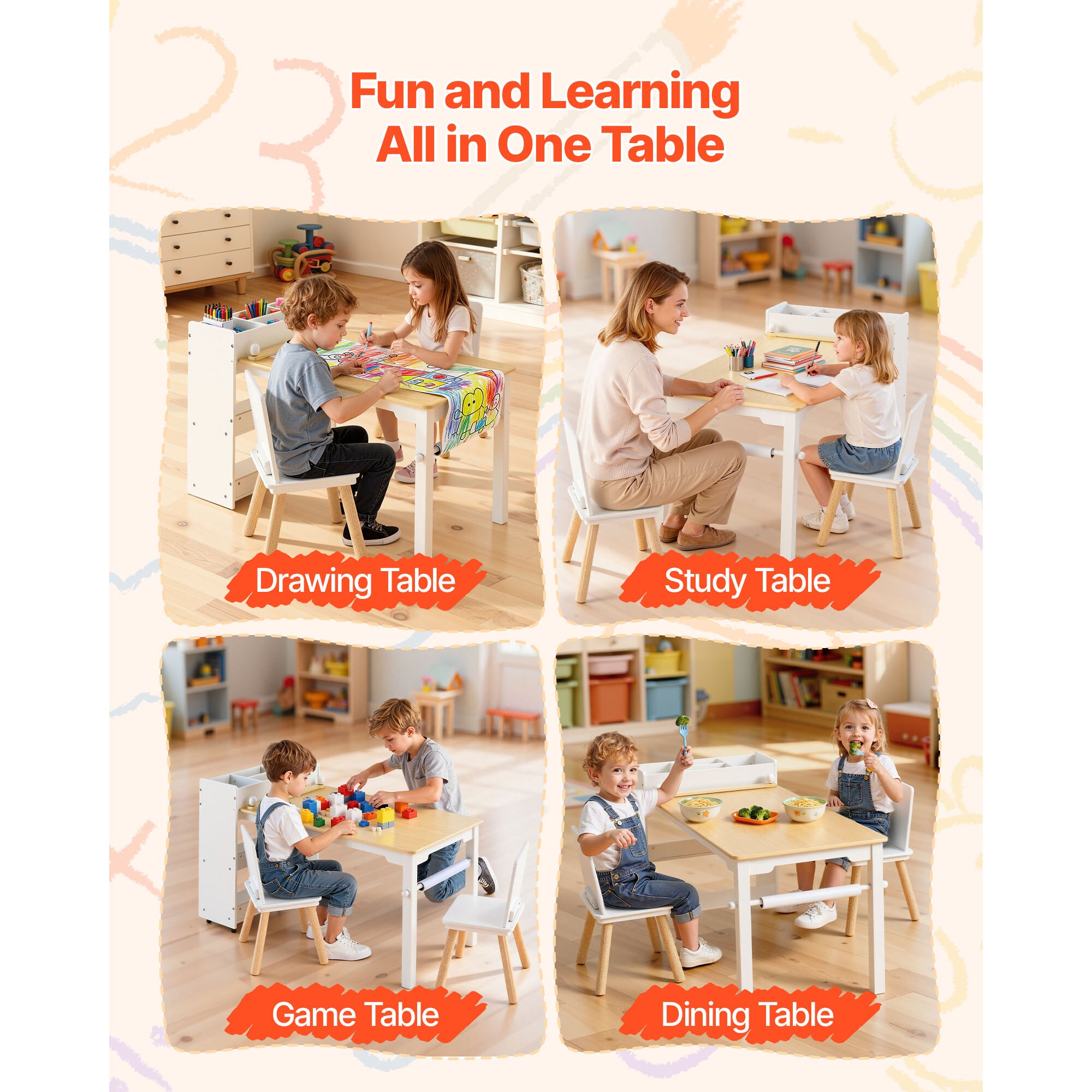 VEVOR Kids Art Table and Chair Set Toddler Craft Table with 3 Tiers ...