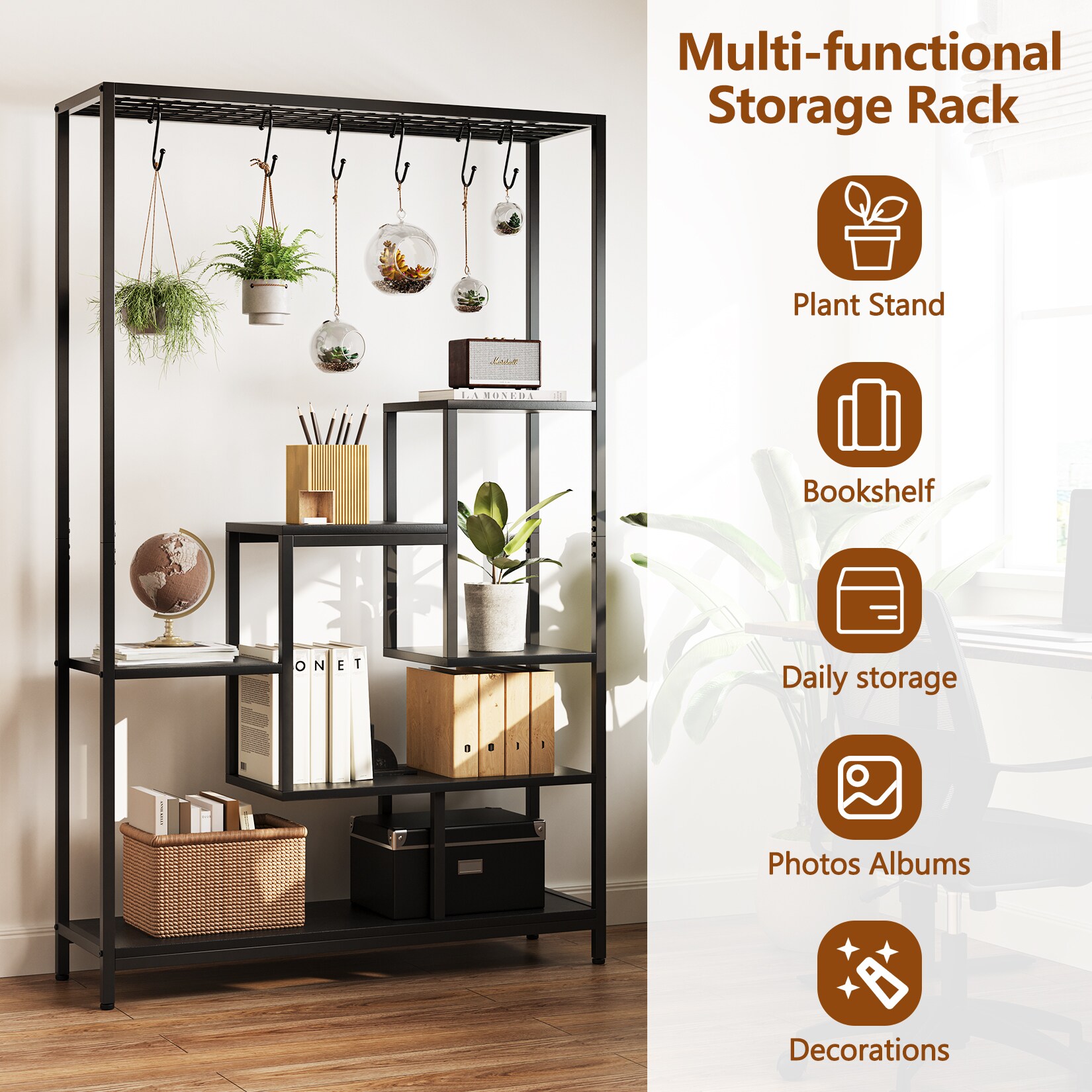 Garvee Half Moon Plant Stand 5 Tier Metal Shelf with Hanging Hooks ...