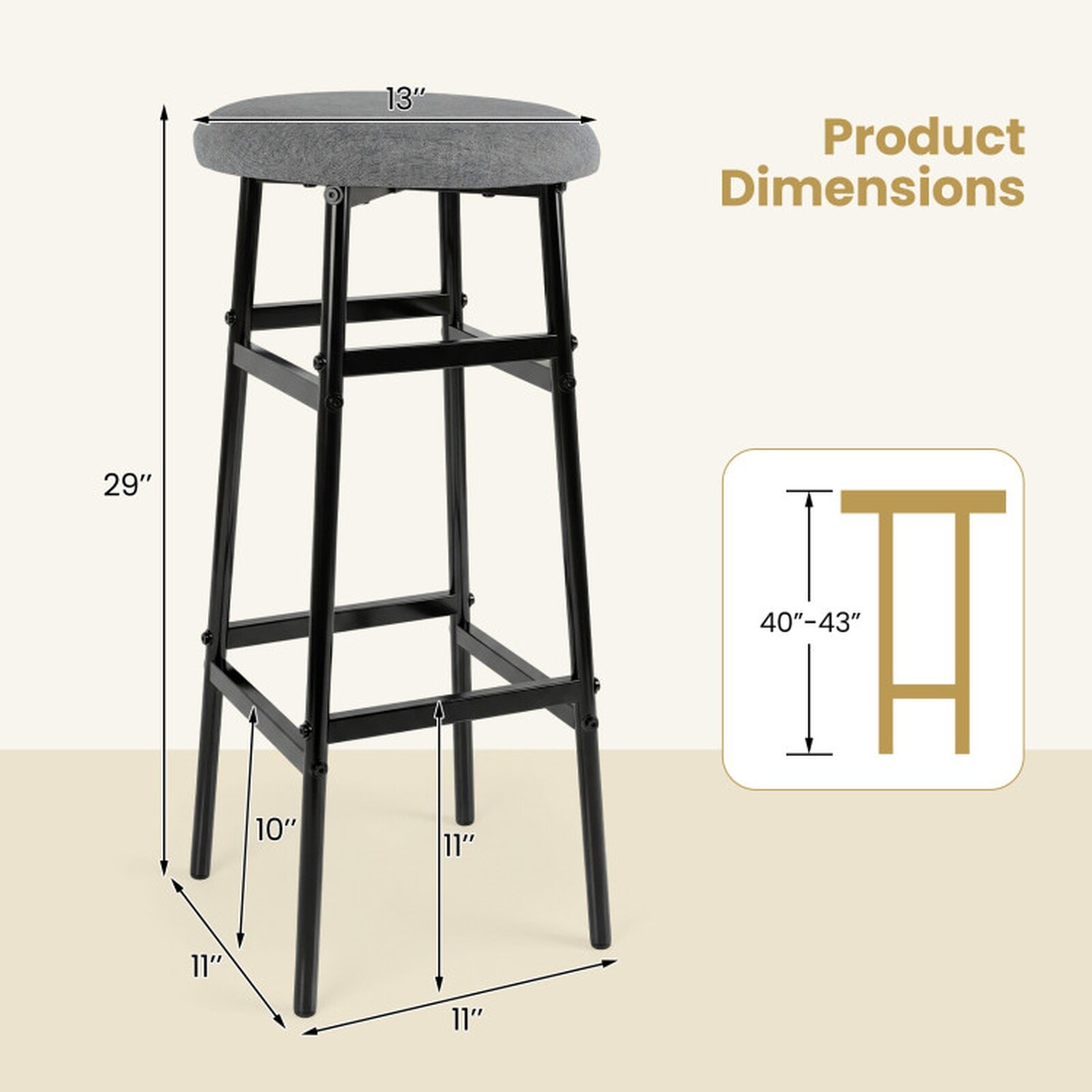 SUGIFT Set Of 2 Upholstered Bar Height Stools With Metal Frame Padded ...
