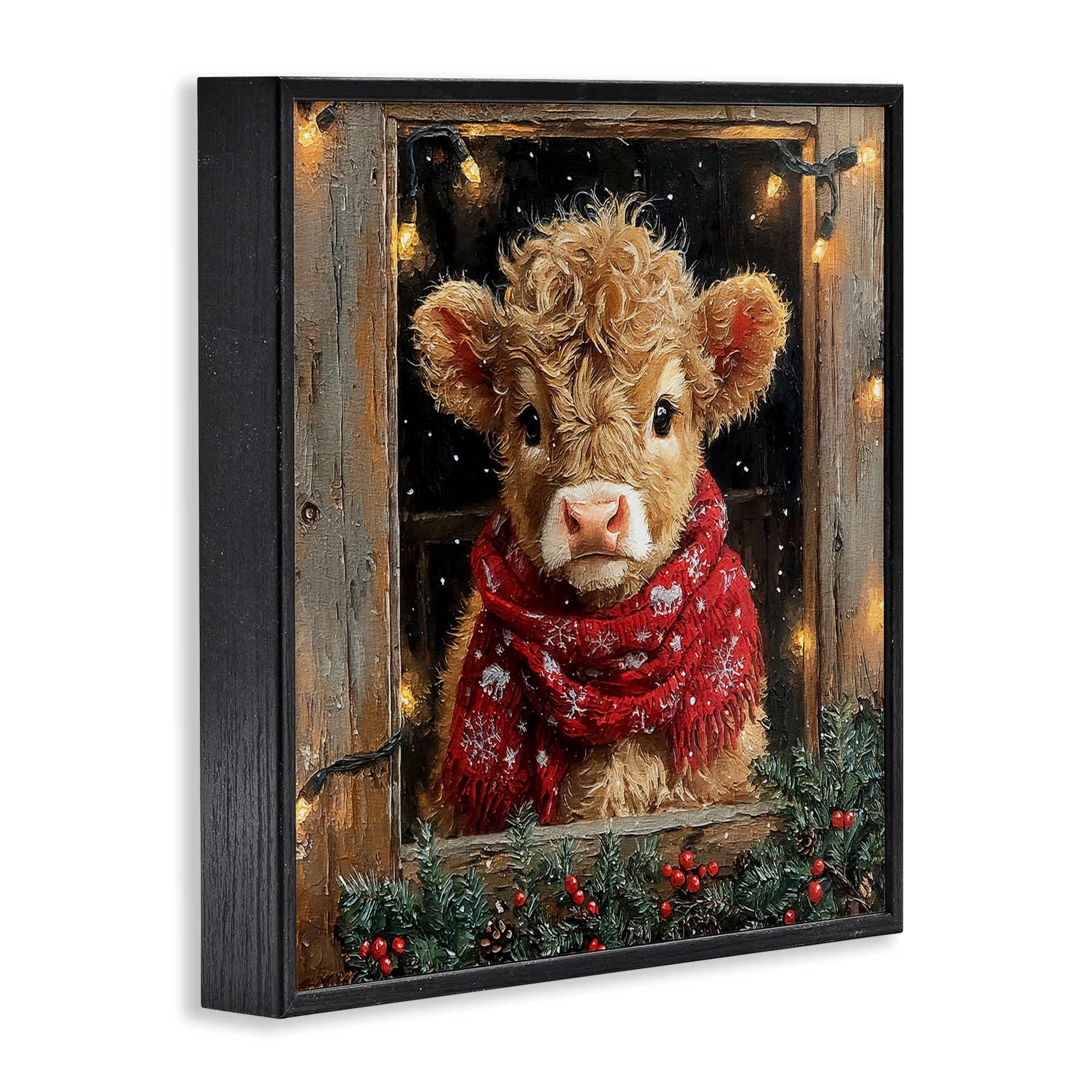 Stupell Industries Calf with Holly and Lights Garland Black Framed ...