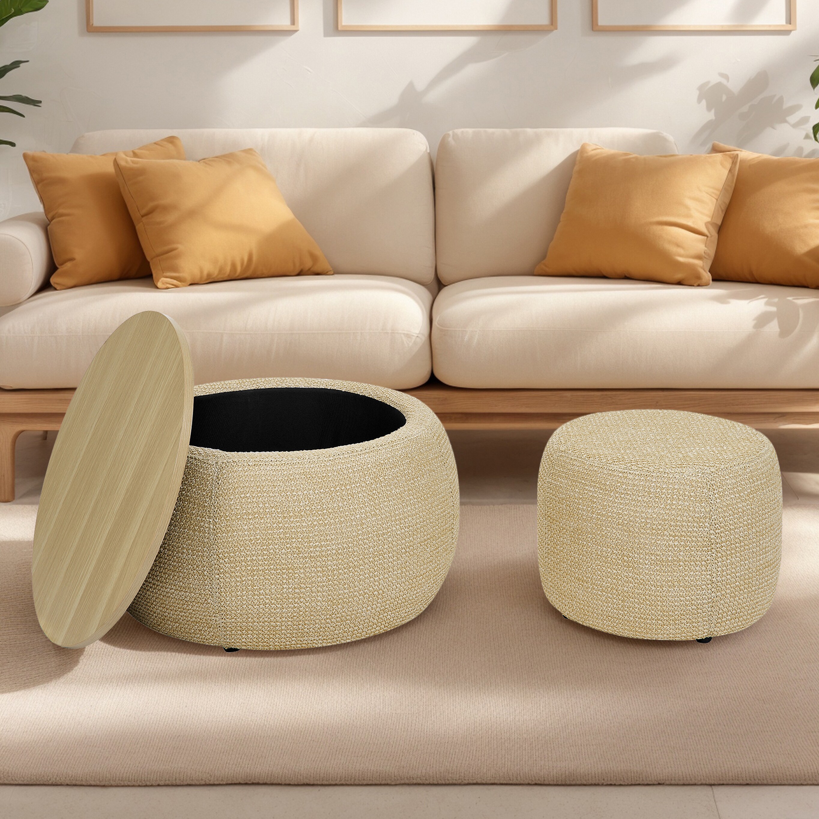 Hrinhom Modern NATURAL Round Storage Ottoman in the Ottomans & Poufs ...