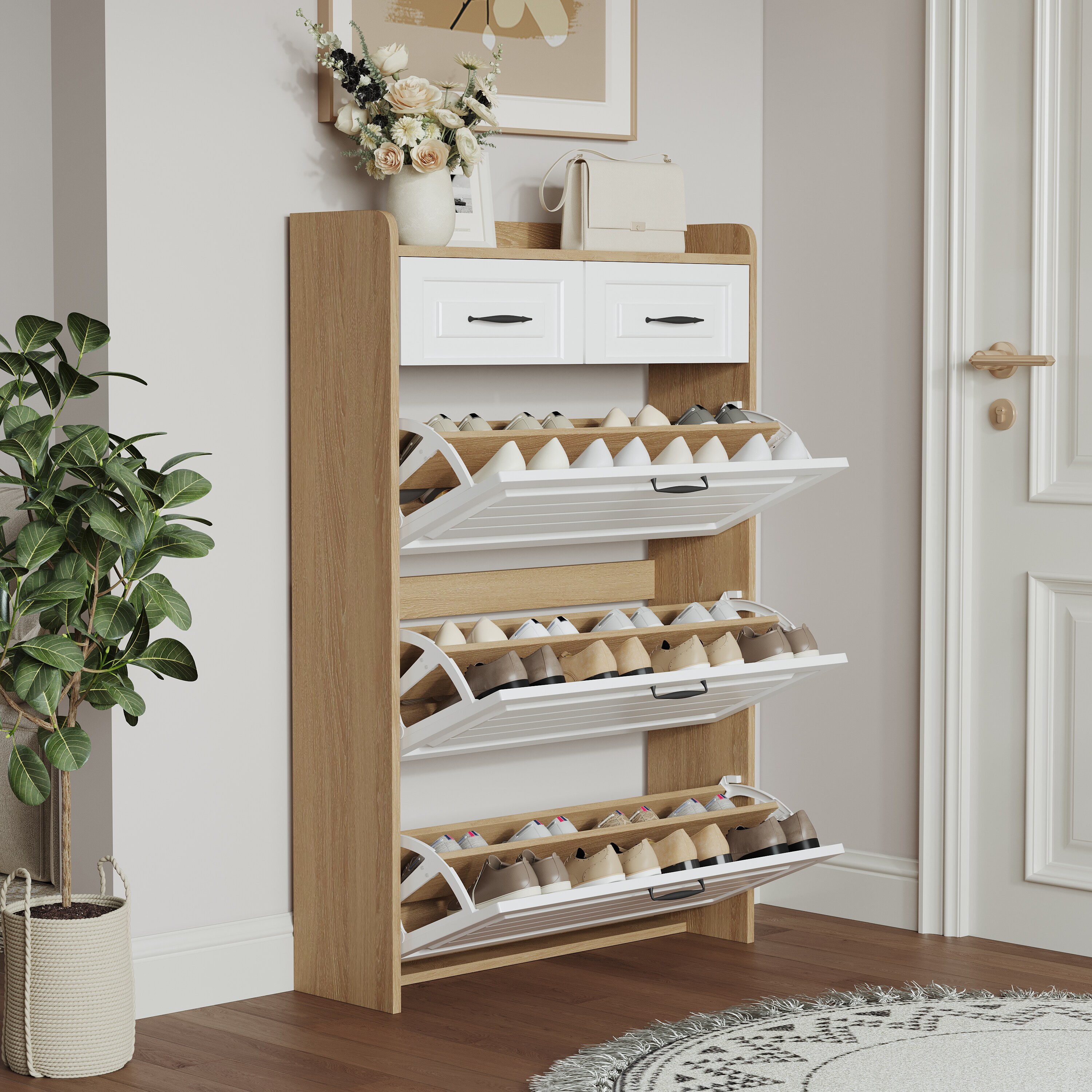 LUXEYARD 1250 White andOak Color shoe cabinet with 3 doors 2 drawers ...
