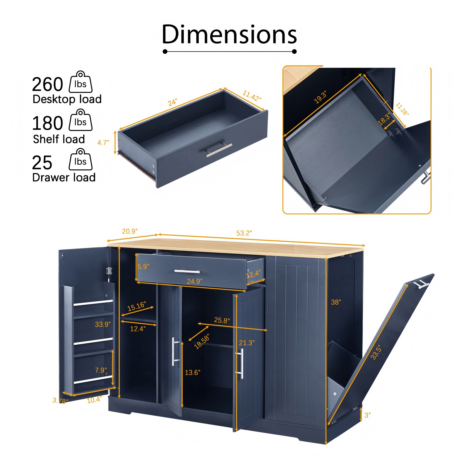 GDFStudio Modern Farmhouse 53 Inch Wood Kitchen Storage Island with ...