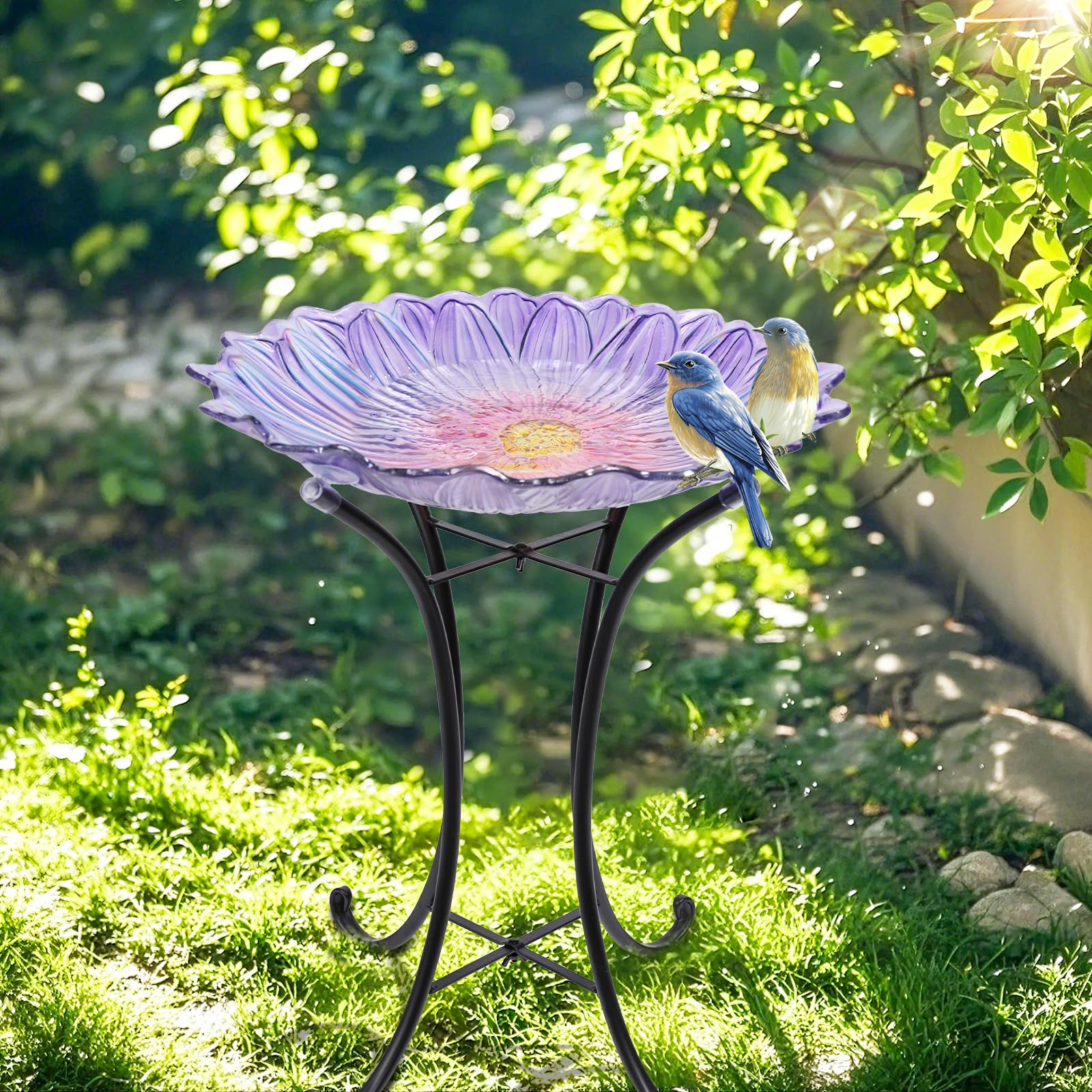 Wudkey 18 in. Outdoor Purple Glass Birdbath with Metal Stand Glass Bird ...