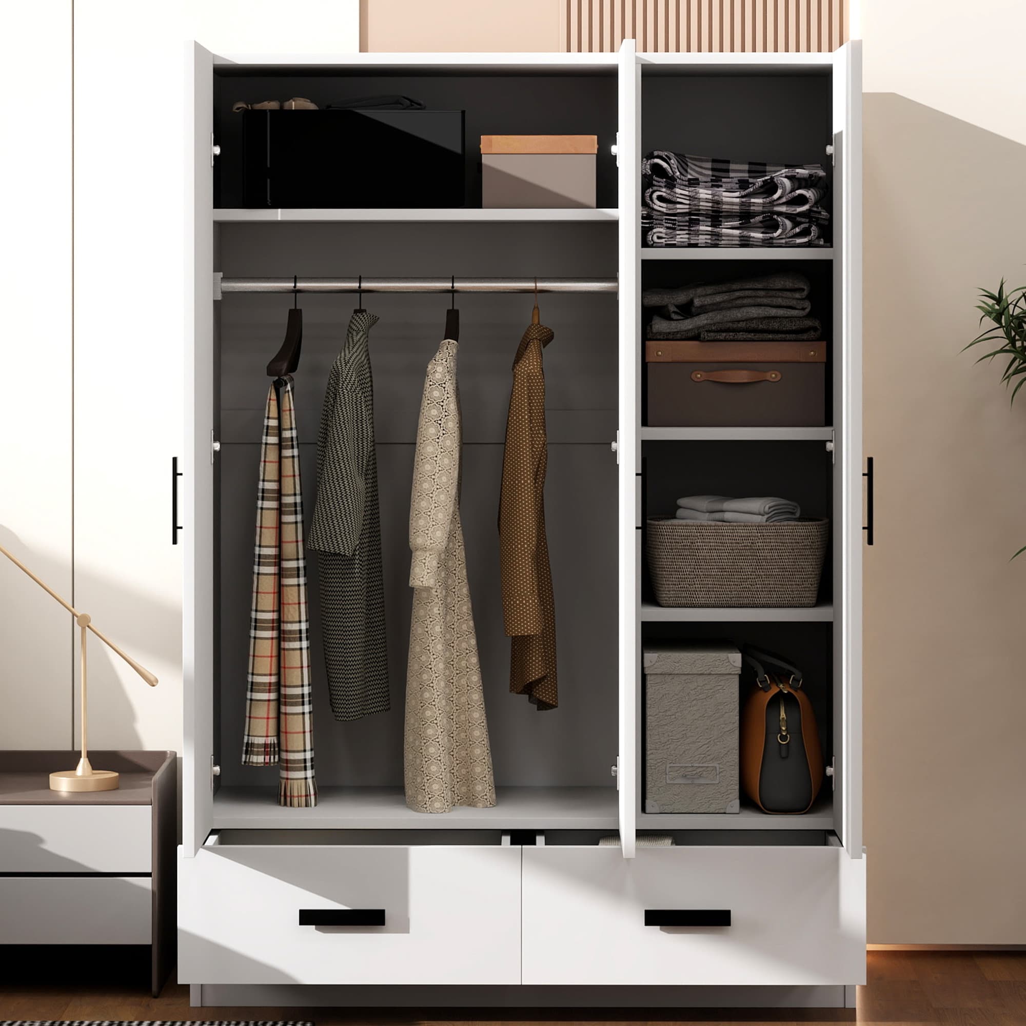 LUXEYARD 3 Door Wardrobe Closet with Storage Drawers Shelves and ...