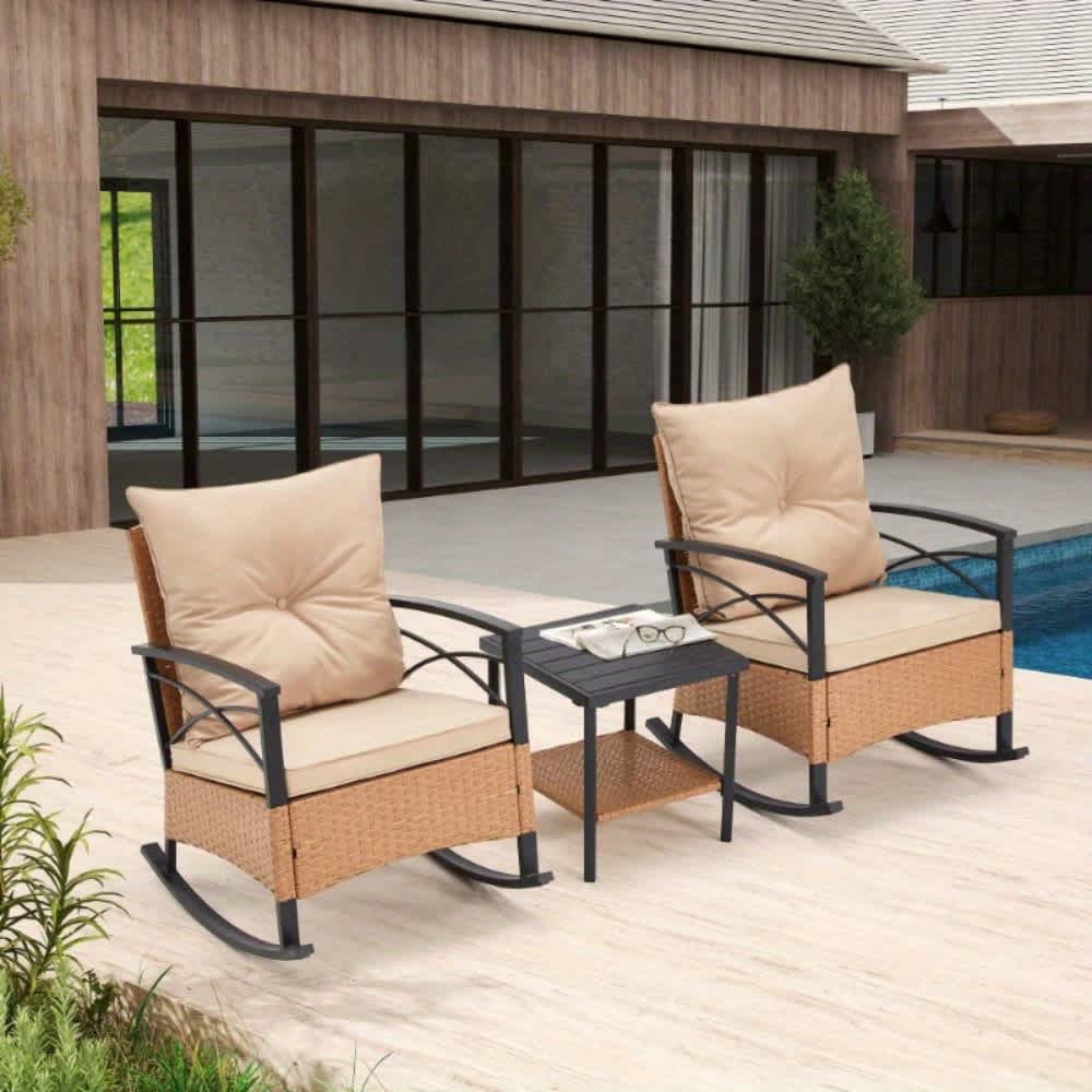 U-HOMY Patio Rattan Rocking Chairs Set of 3 with Cushion and Coffee ...
