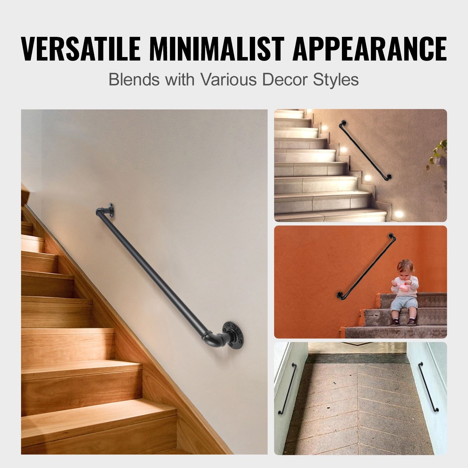 Angel Sar 2ft 1-Rail Matte Black Round Corner Stair Handrail Industrial ...