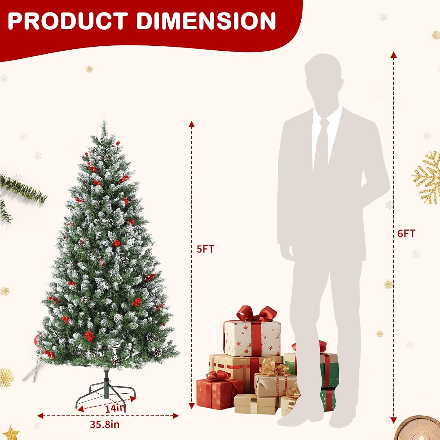 Garvee 5Ft Artificial Pencil Xmas Tree with Pine Cones Red Berries and ...