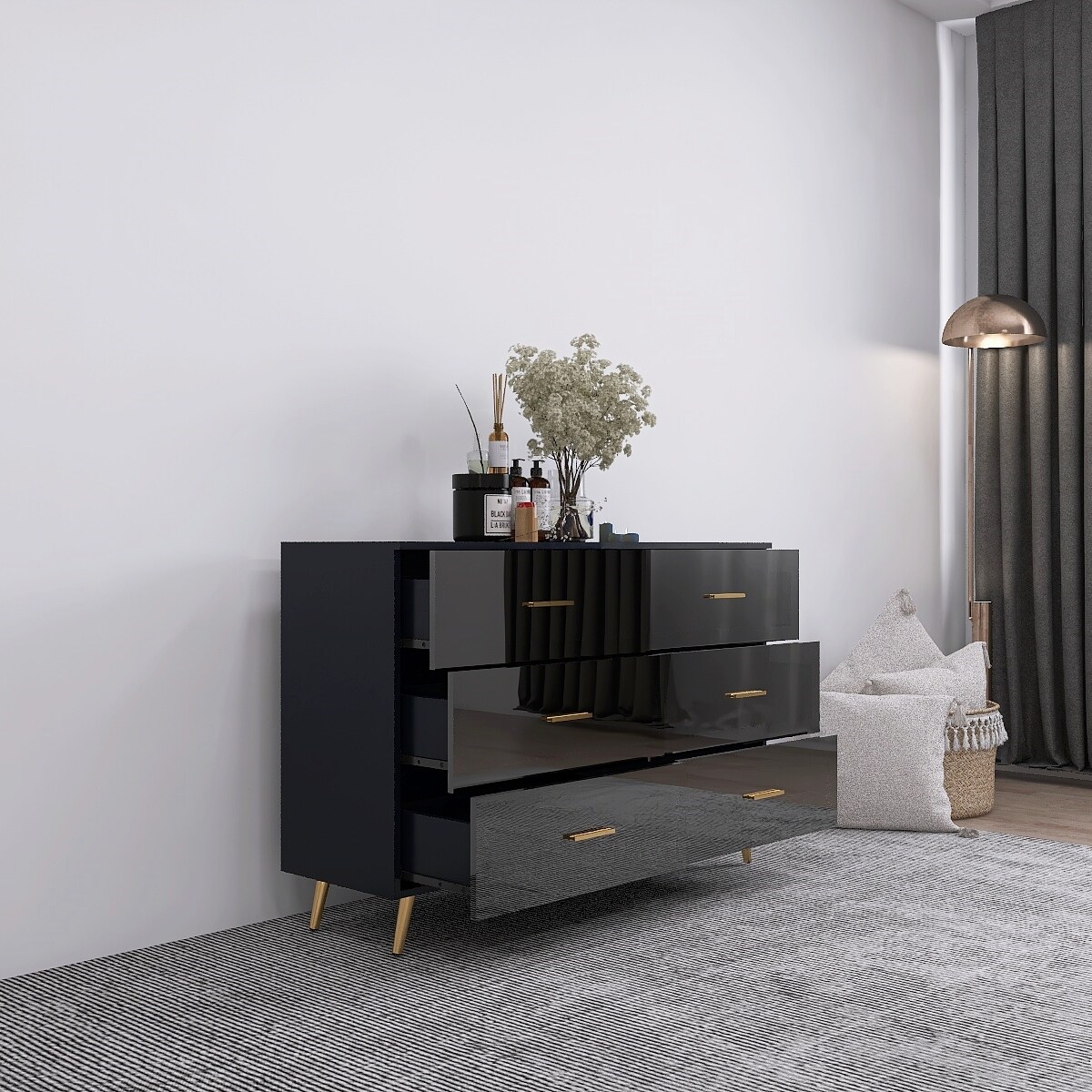 Streamdale Furniture Streamdale 6-Drawer Black Chest with Golden ...