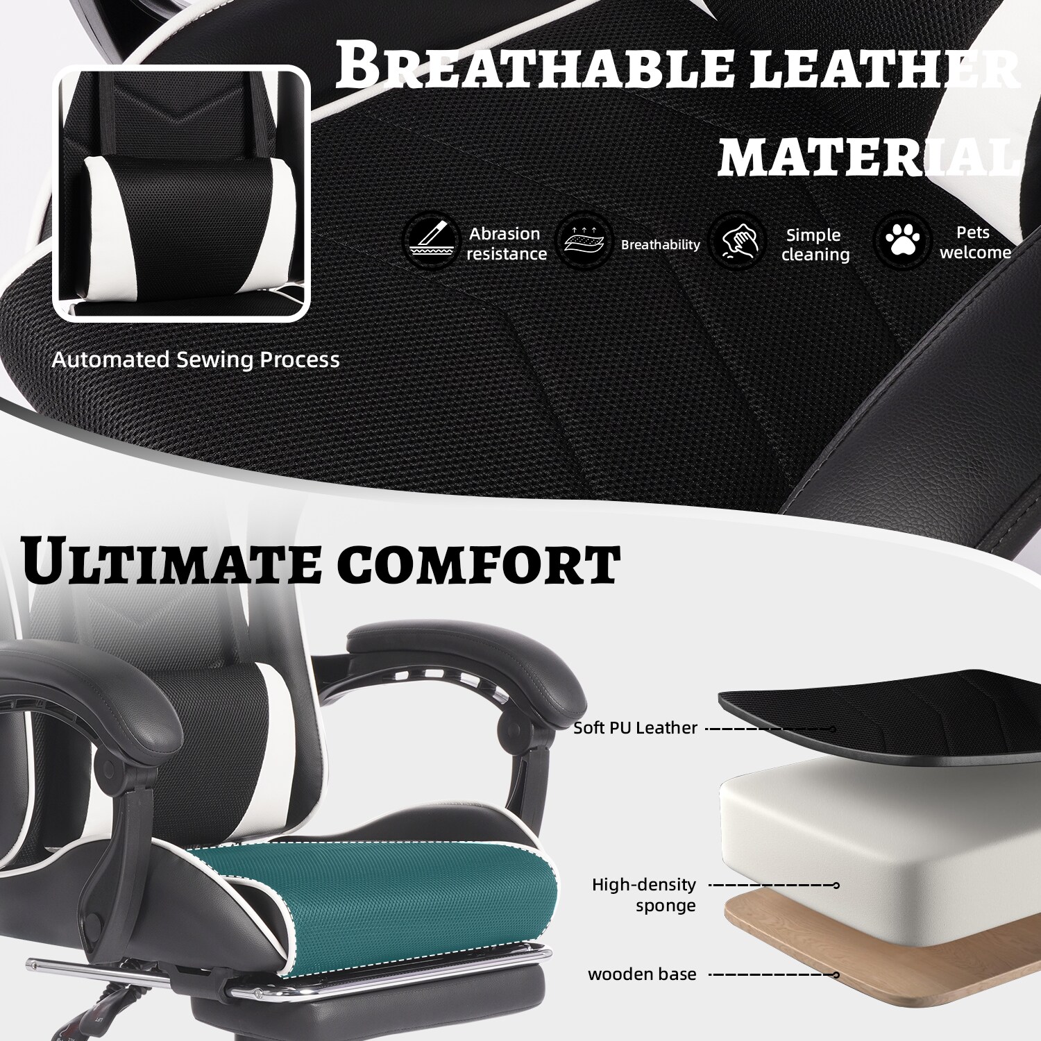 White PU Leather Gaming Chair Rocking Function Height Adjustable Game ...