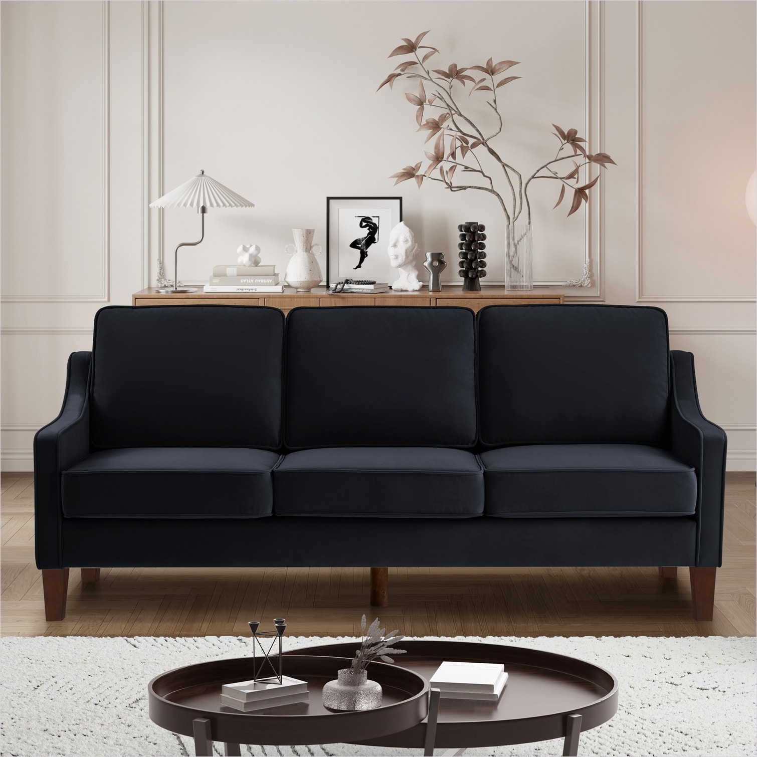 SunJet Contemporary 3-Person Velvet Sofa with Scooped Armrests and Wood ...