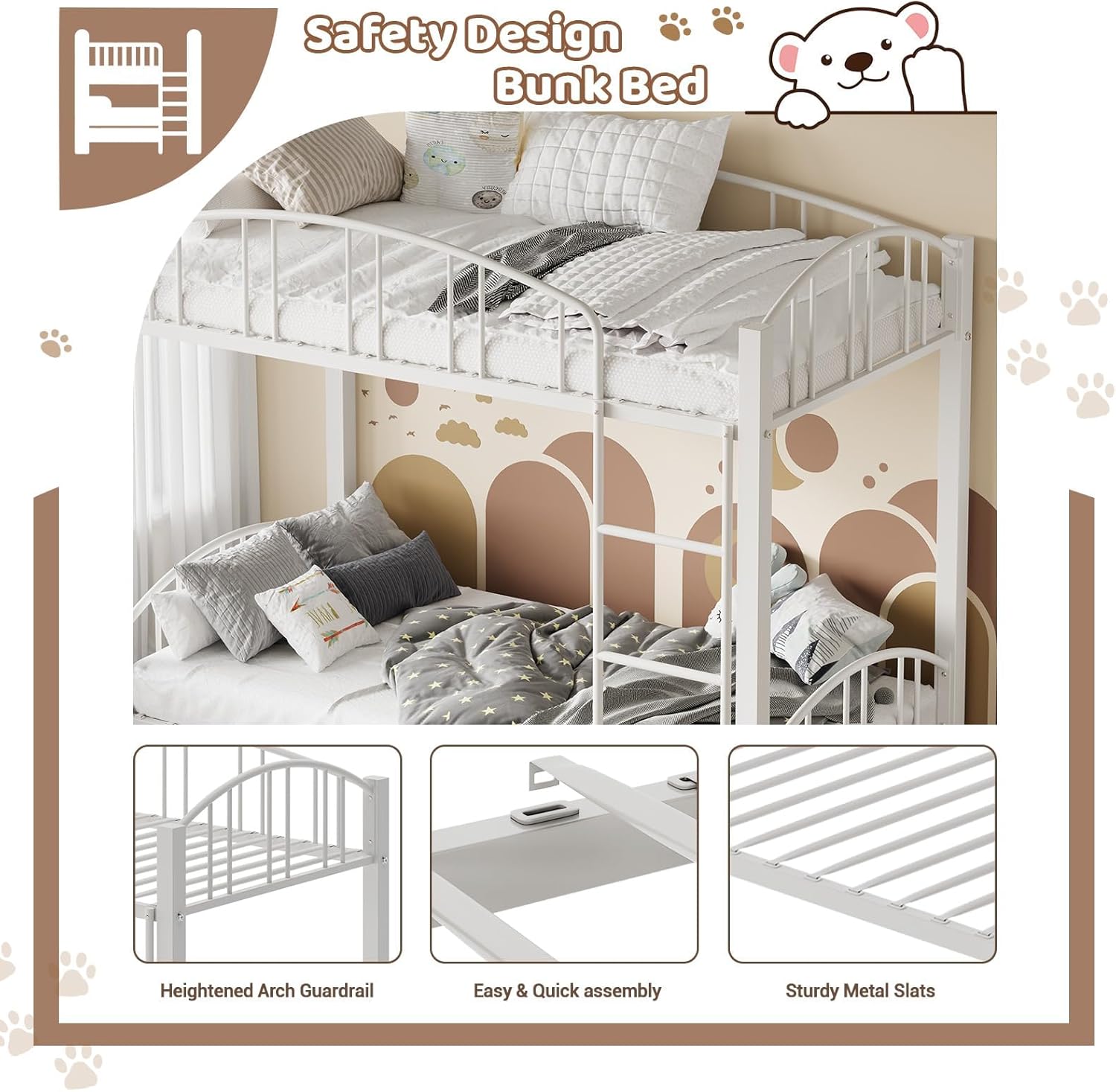 GarveeLife Metal Bunk Bed Twin Over Twin/ High Arched Guardrail/ Safety ...