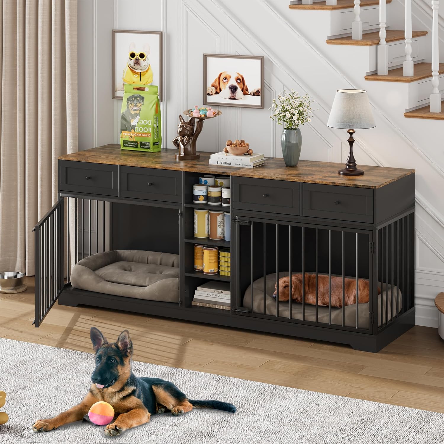 GAOMON Dog crate furniture 82 inch for 2 dogs with 4 drawers and ...