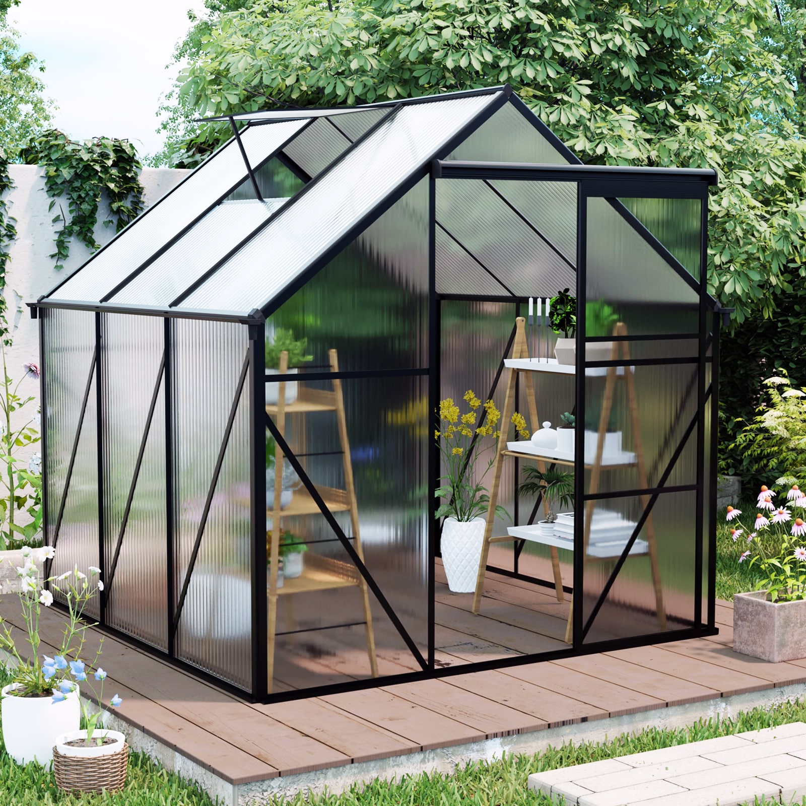 LOVMOR 6x6 FT Black Polycarbonate Walk-in Greenhouse Raised Base Anchor ...