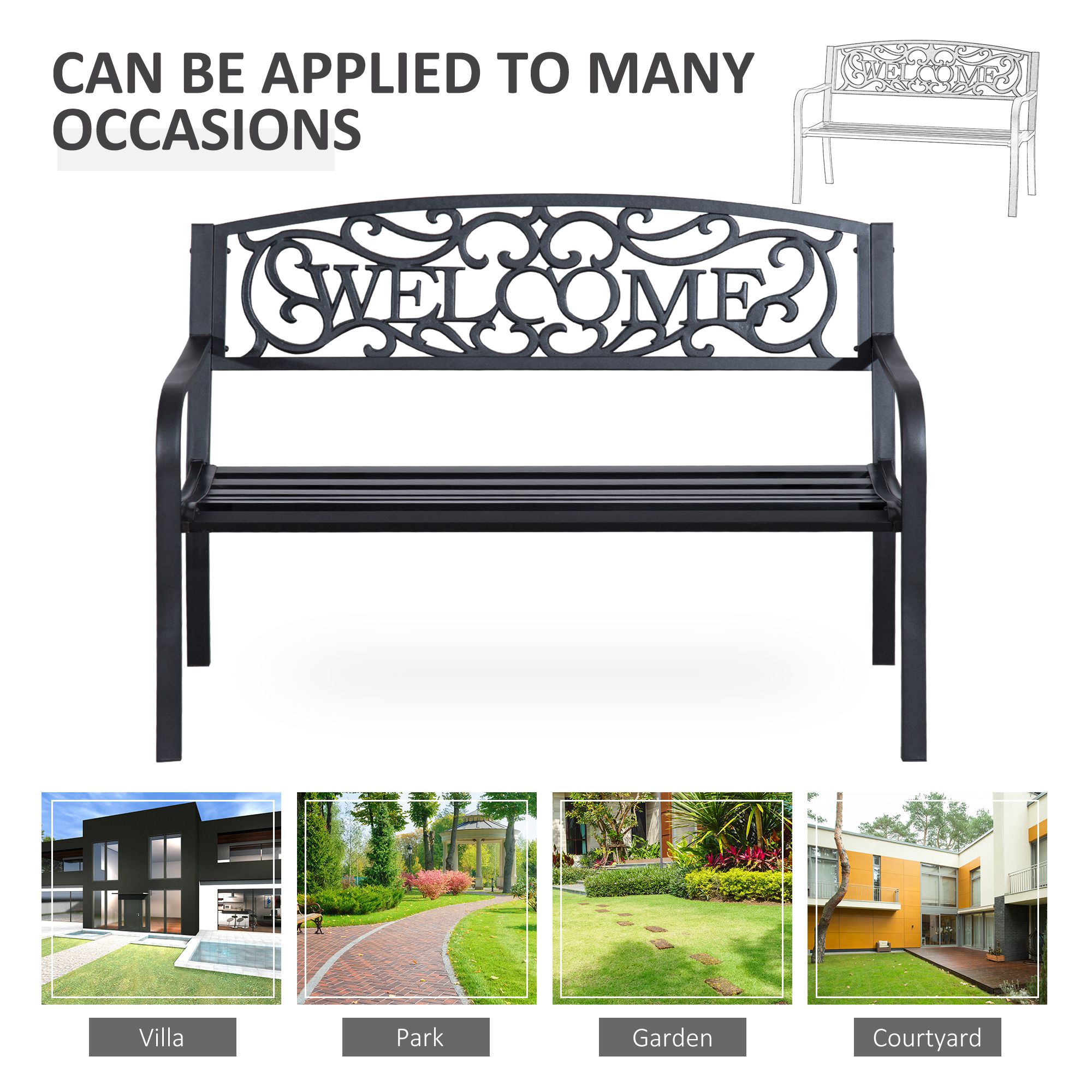 Kahomvis 50-in W x 34.5-in H Black Iron Garden Bench in the Patio ...