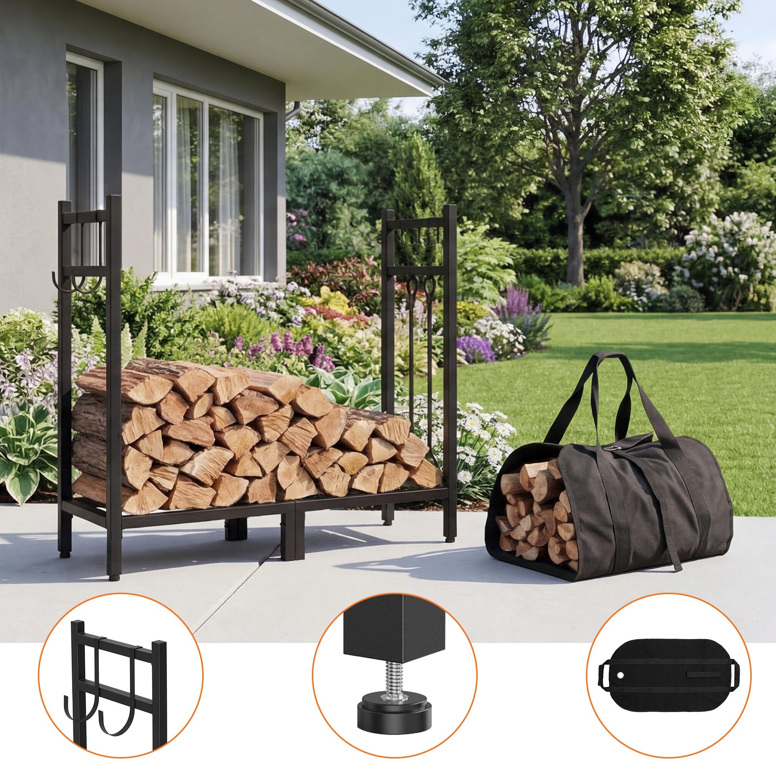 GarveeLife 2.7 FT Firewood Rack with Carrying Tote Heavy Duty Log ...