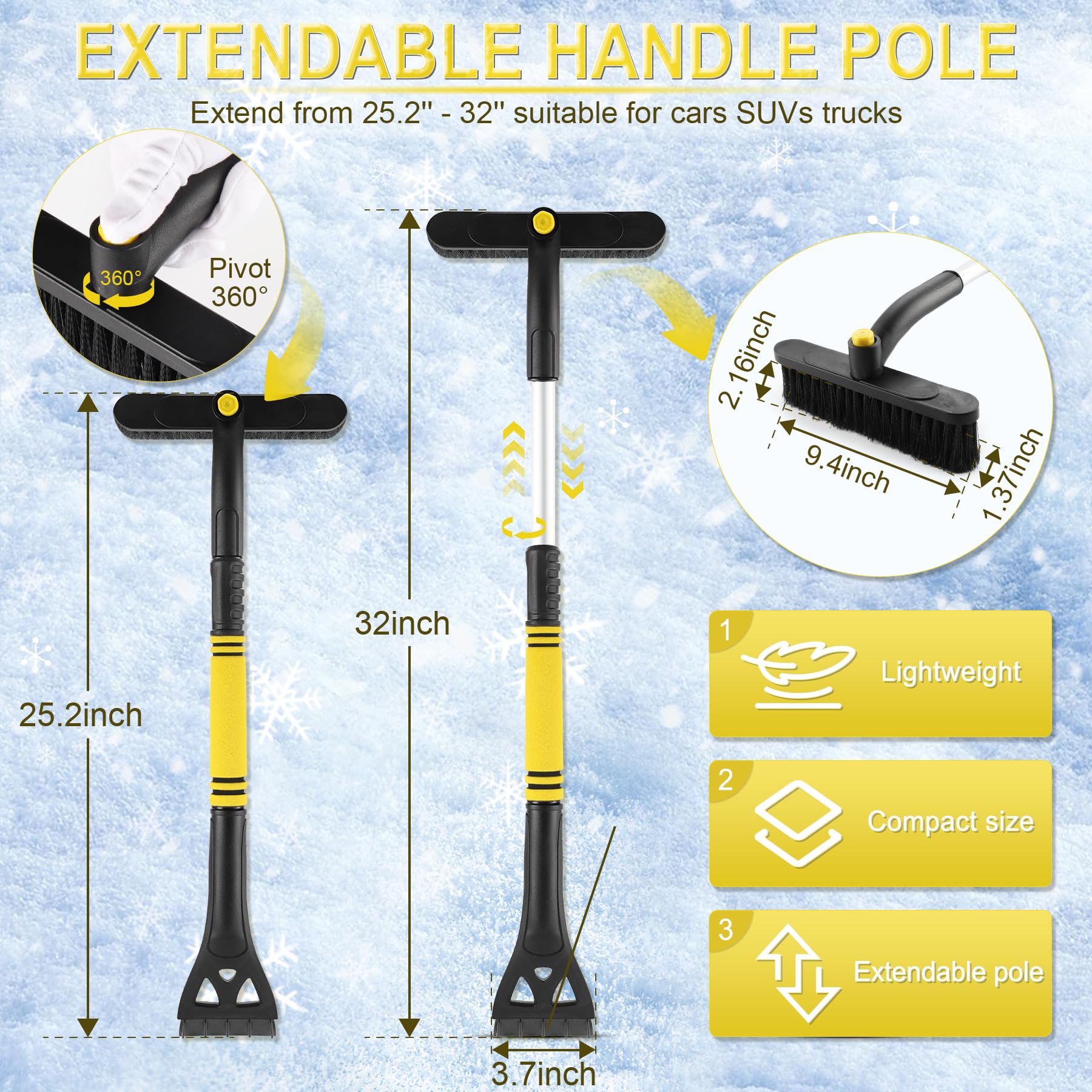 Etokfoks 32 Inch Extendable Snow Brush and Ice Scraper for Car Windshield with Foam Grip and 360 ...