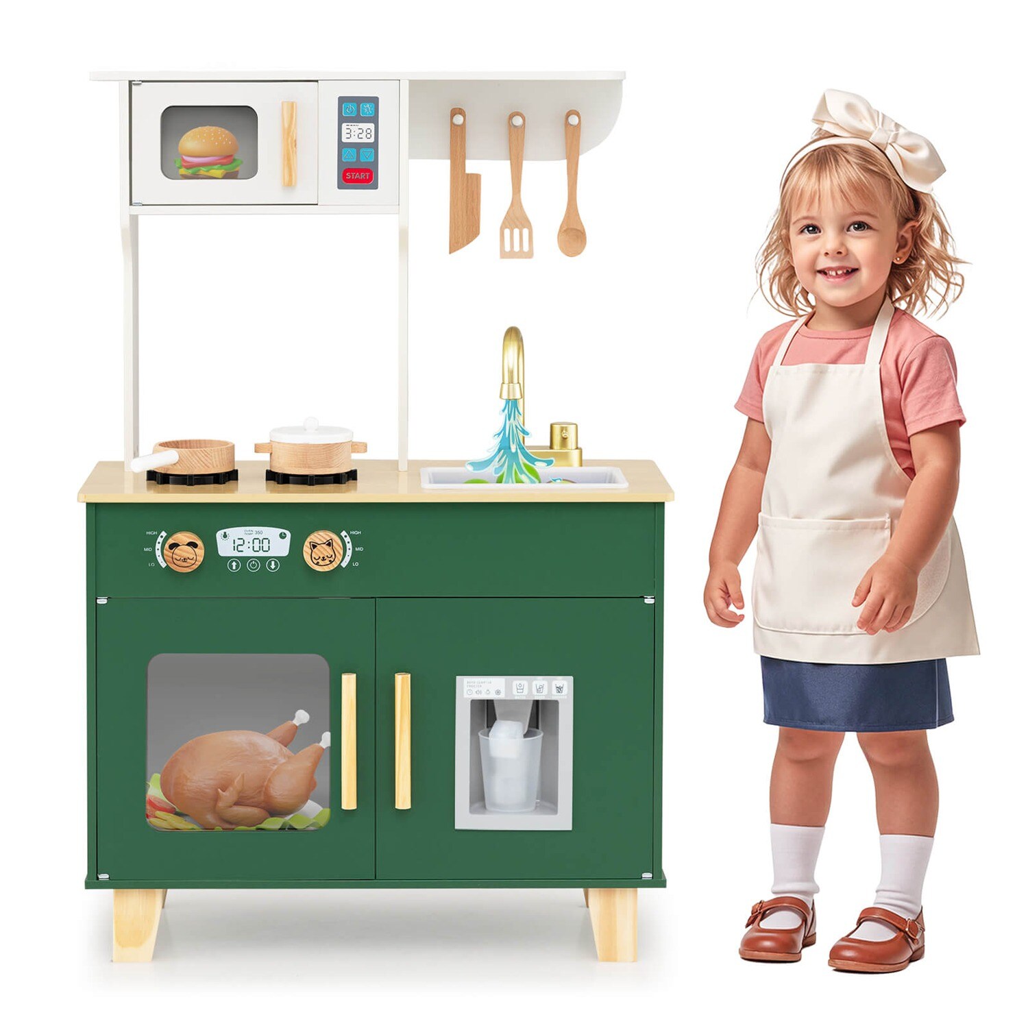 Costway Kids Play Kitchen with Microwave Stoves Rotation Knobs Ice ...