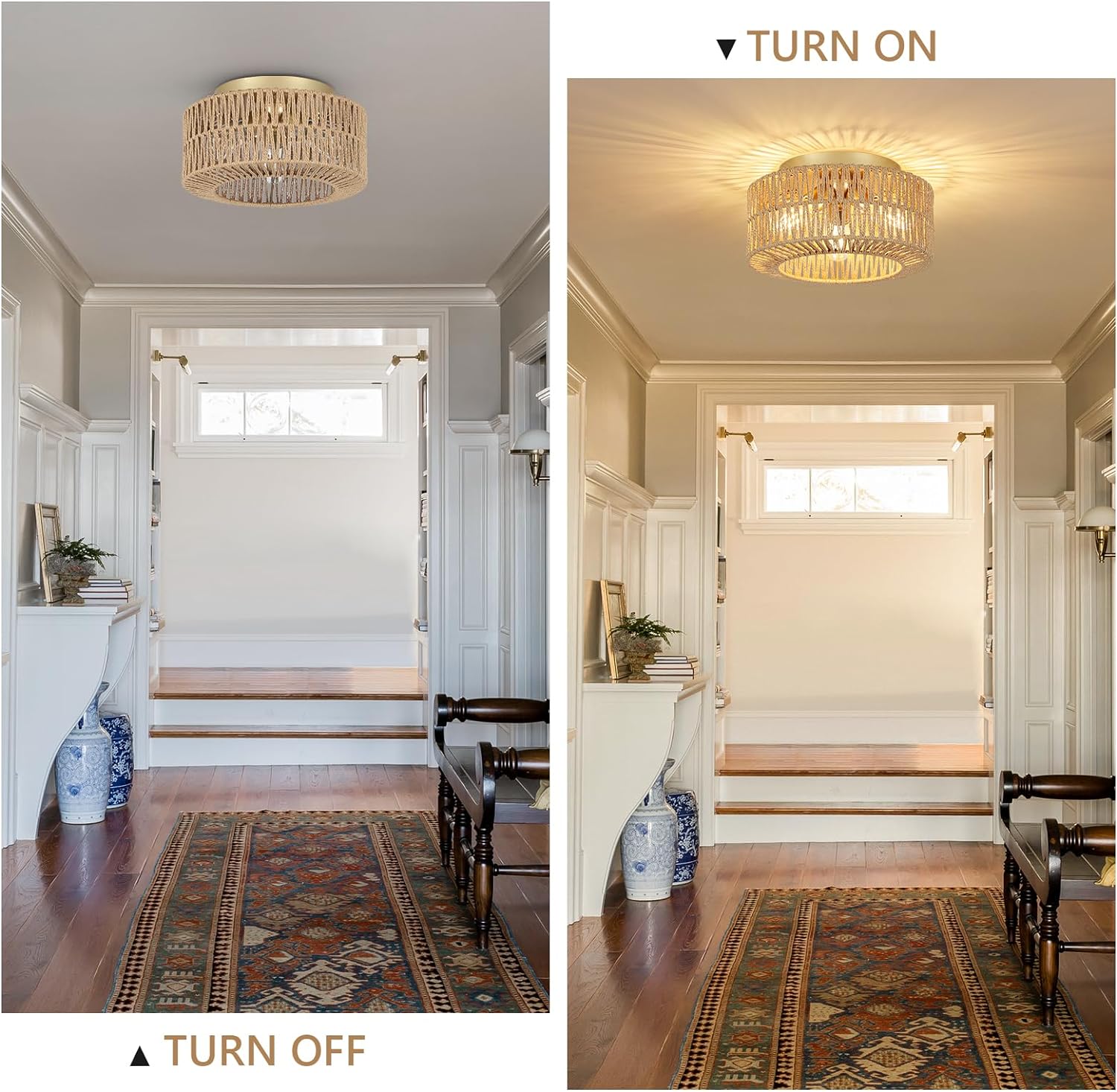 LUXEYARD 3-Light Farmhouse Rattan Ceiling Light Fixture for Living ...
