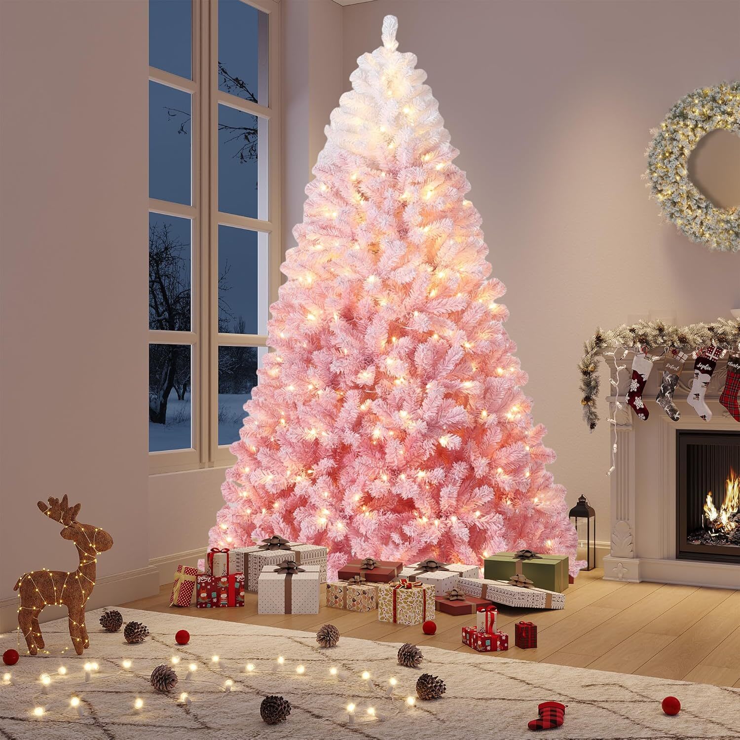 Garvee 4.5Ft Pink Christmas Tree Snow Flocked Artificial Full Christmas ...