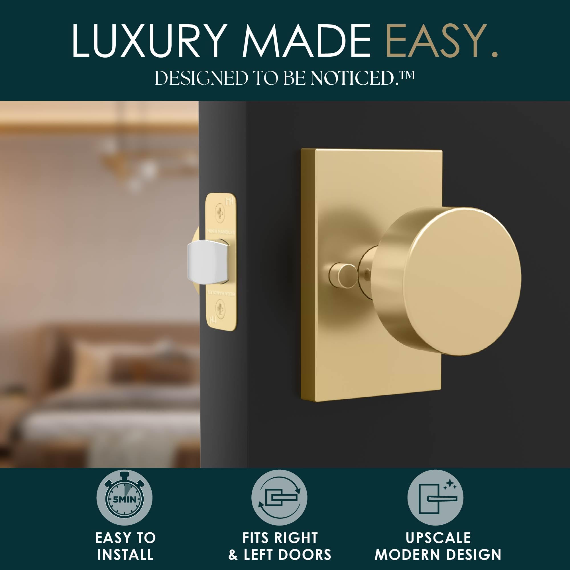 Mega Handles Laura Gold Privacy Door Knob - 2 Pack Reversible Interior ...