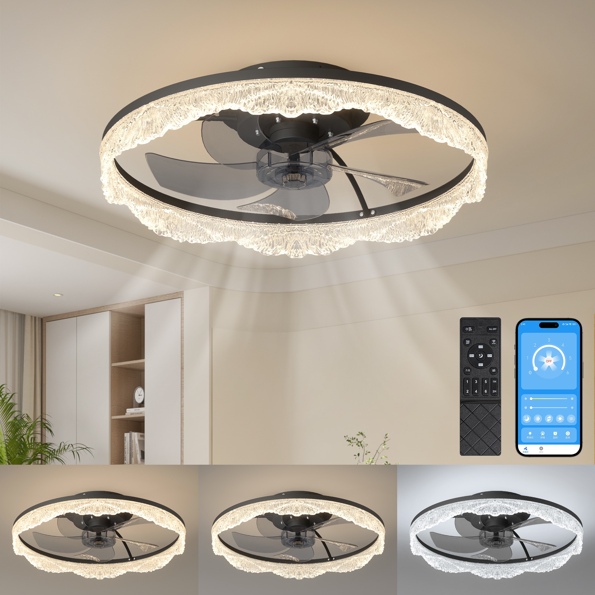 LOVMOR 20 inch Decorative LED Ceiling Fan Light Acrylic Ring Hidden ...