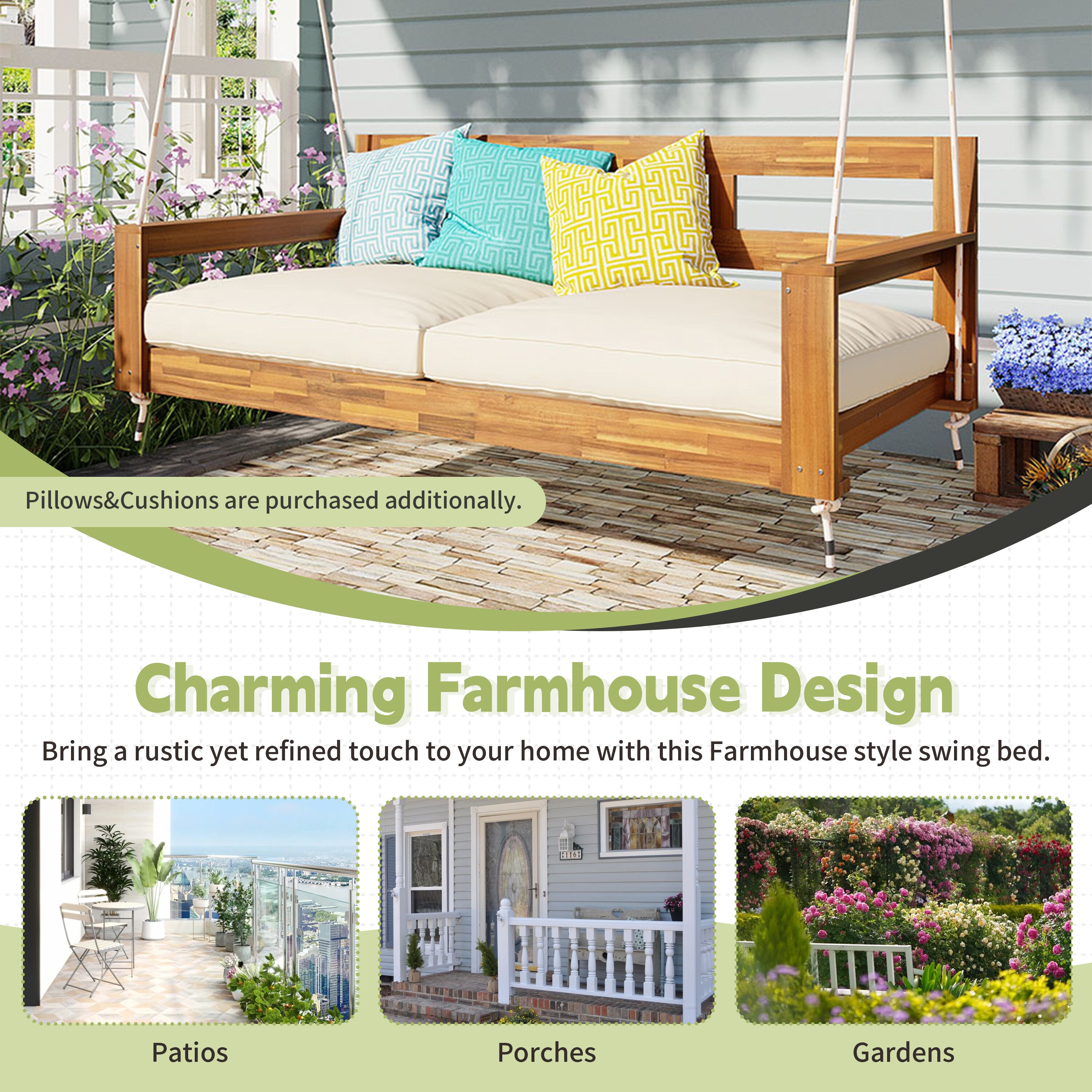 LUXEYARD Patio Wooden Twin Size Porch Swing Daybed Frame Garden Swing ...