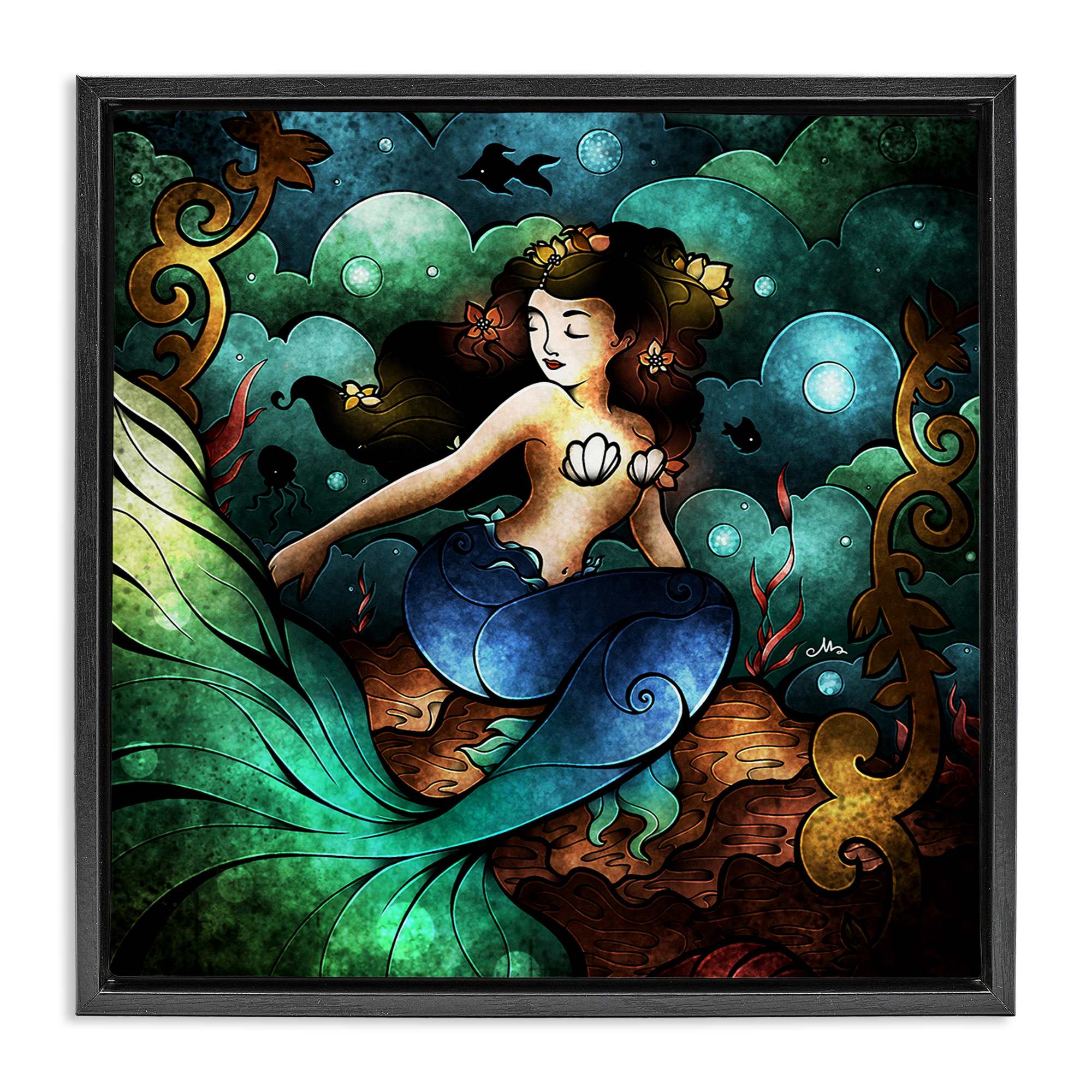 Stupell Industries Vivid Deco Mermaid Black Framed Floater Canvas Wall ...