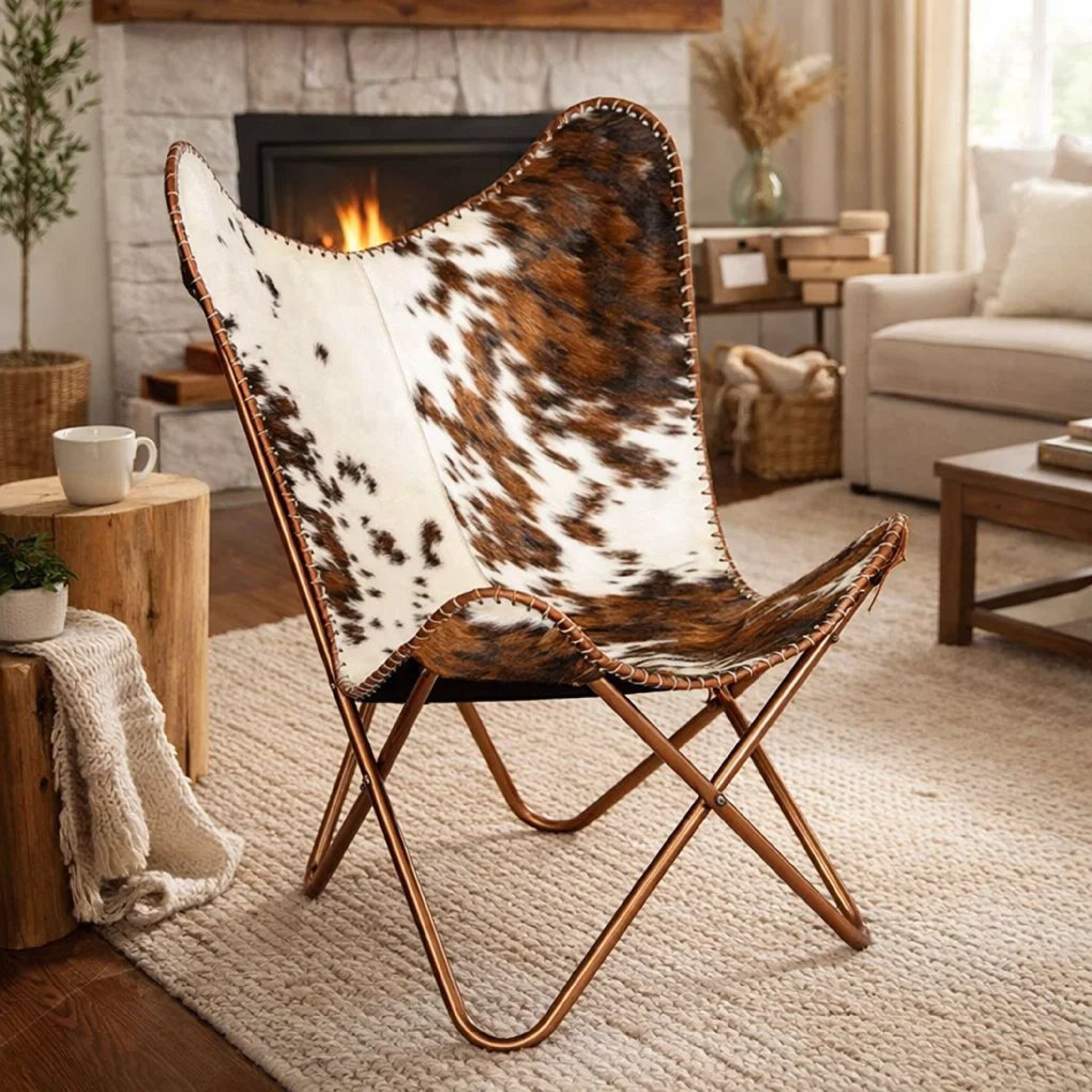 Benzara Srie Brown and White Cowhide Leather Butterfly Chair with Steel ...