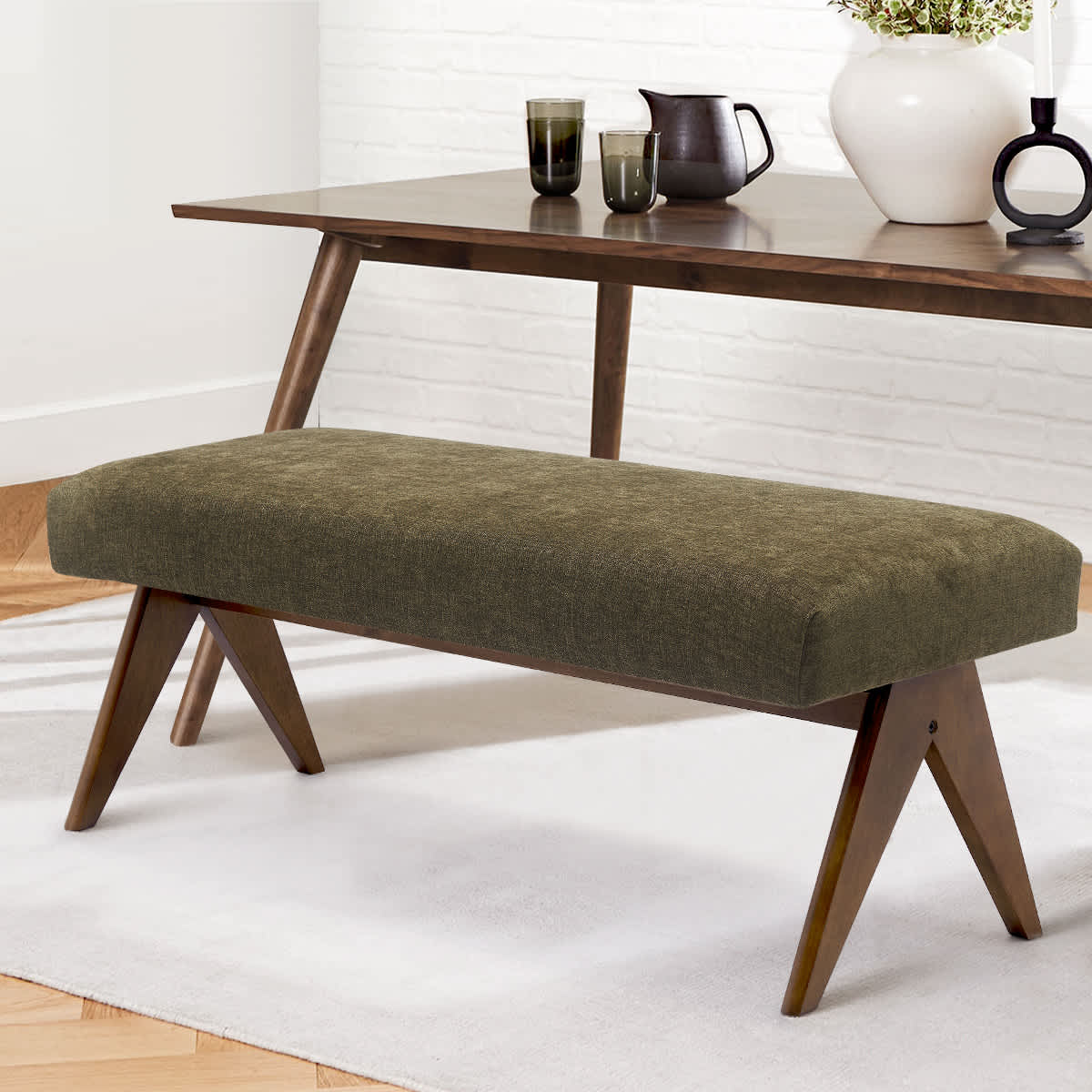 Maison Boucle Modern 47 Inch Olive Green Upholstered Bench with V ...
