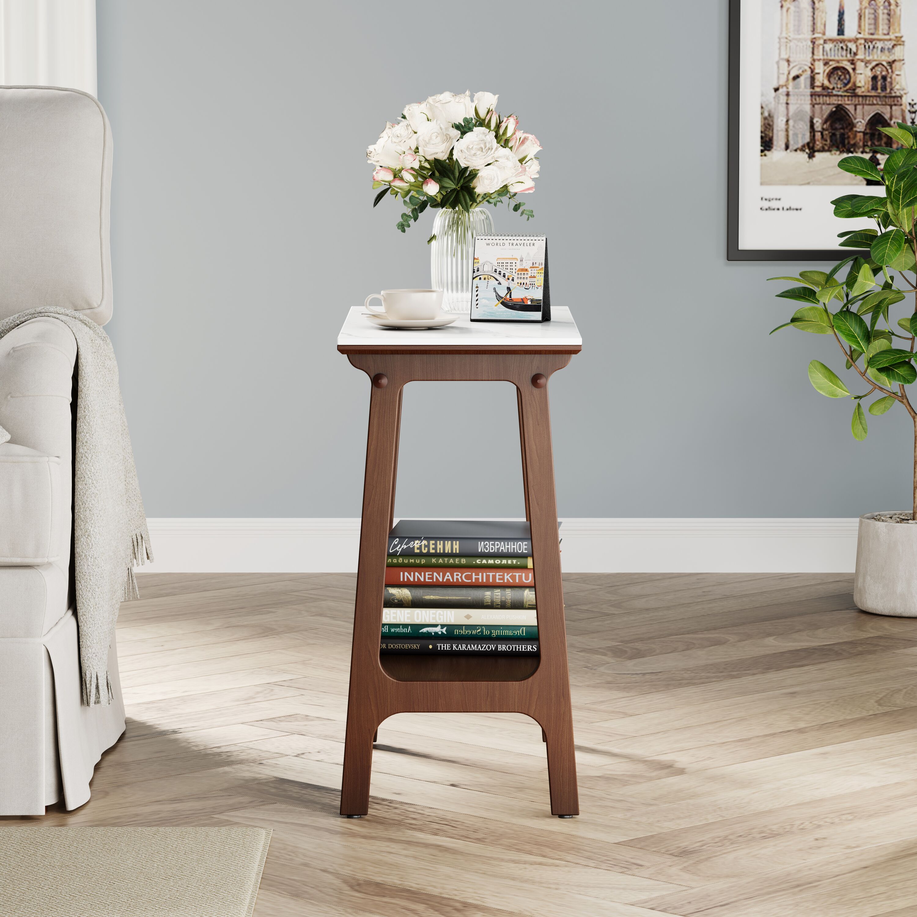 LOVMOR Retro Reddish Brown Narrow Slate Side Table with Storage Shelf ...