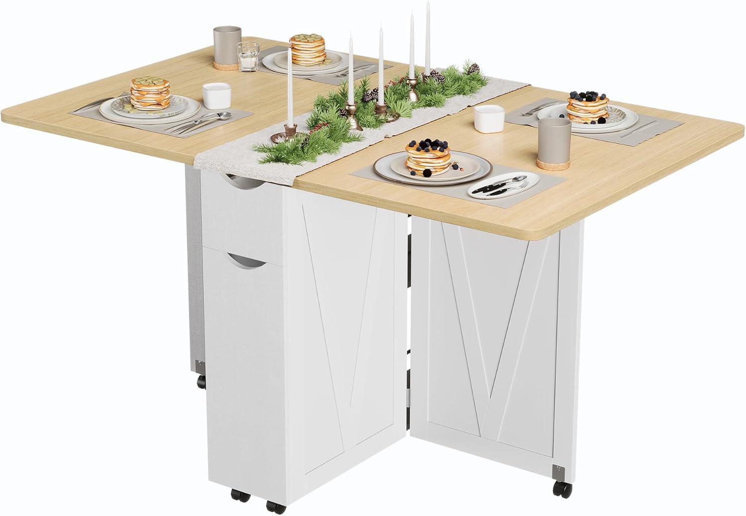 Garvee Folding Dining Table with Storage Drawers and Wheels Space ...