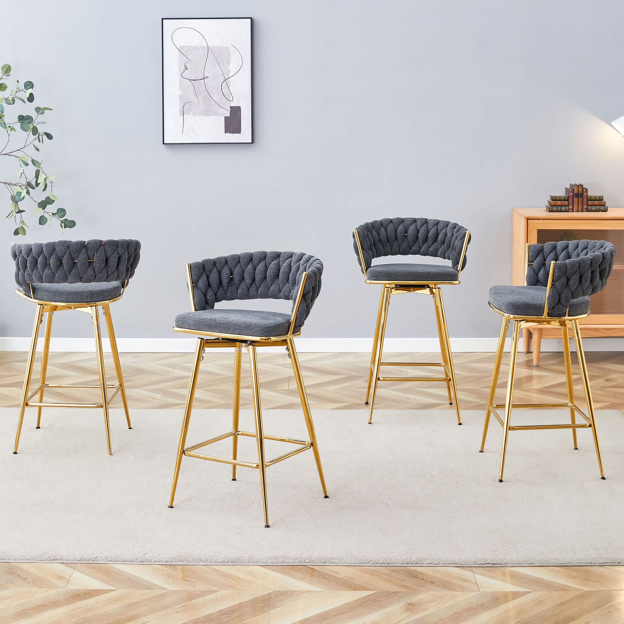 Vynxaria Four Piece Rotating Swivel Chair Black Cotton Linen Soft Seat ...