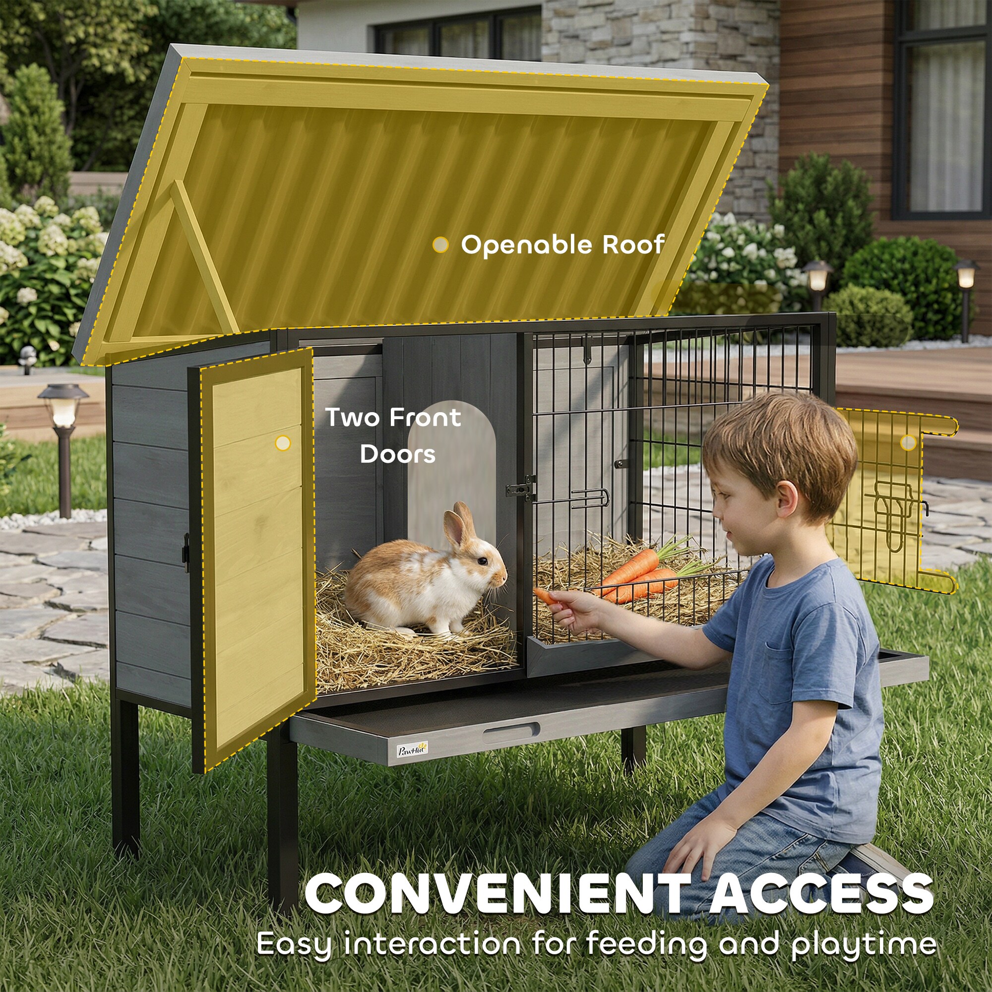 PawHut Elevated Rabbit Hutch Outdoor Wooden Rabbit Cage Bunny House ...