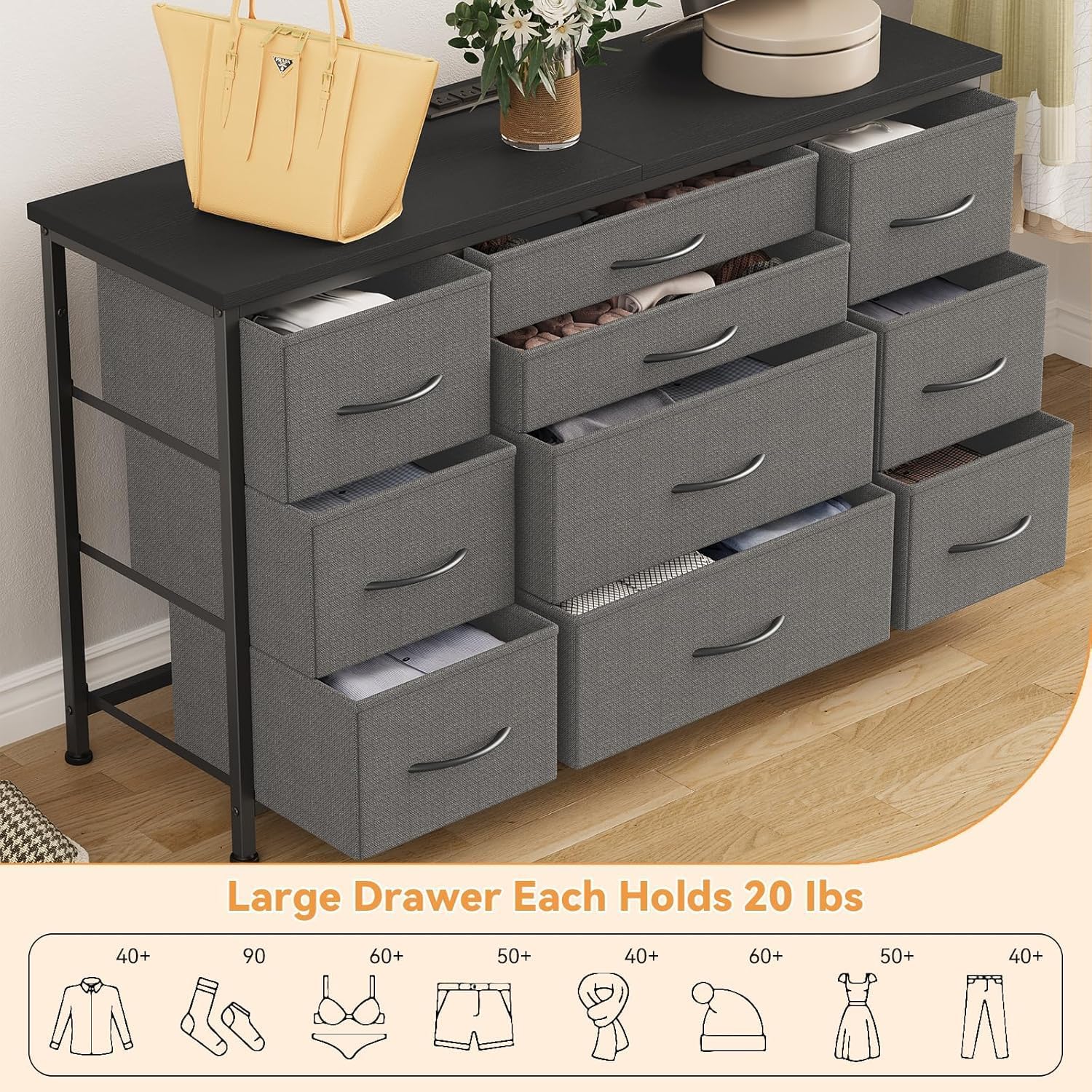 GAOMON Ten Drawer Fabric Dresser 55 Inch TV Stand with Power Outlet ...