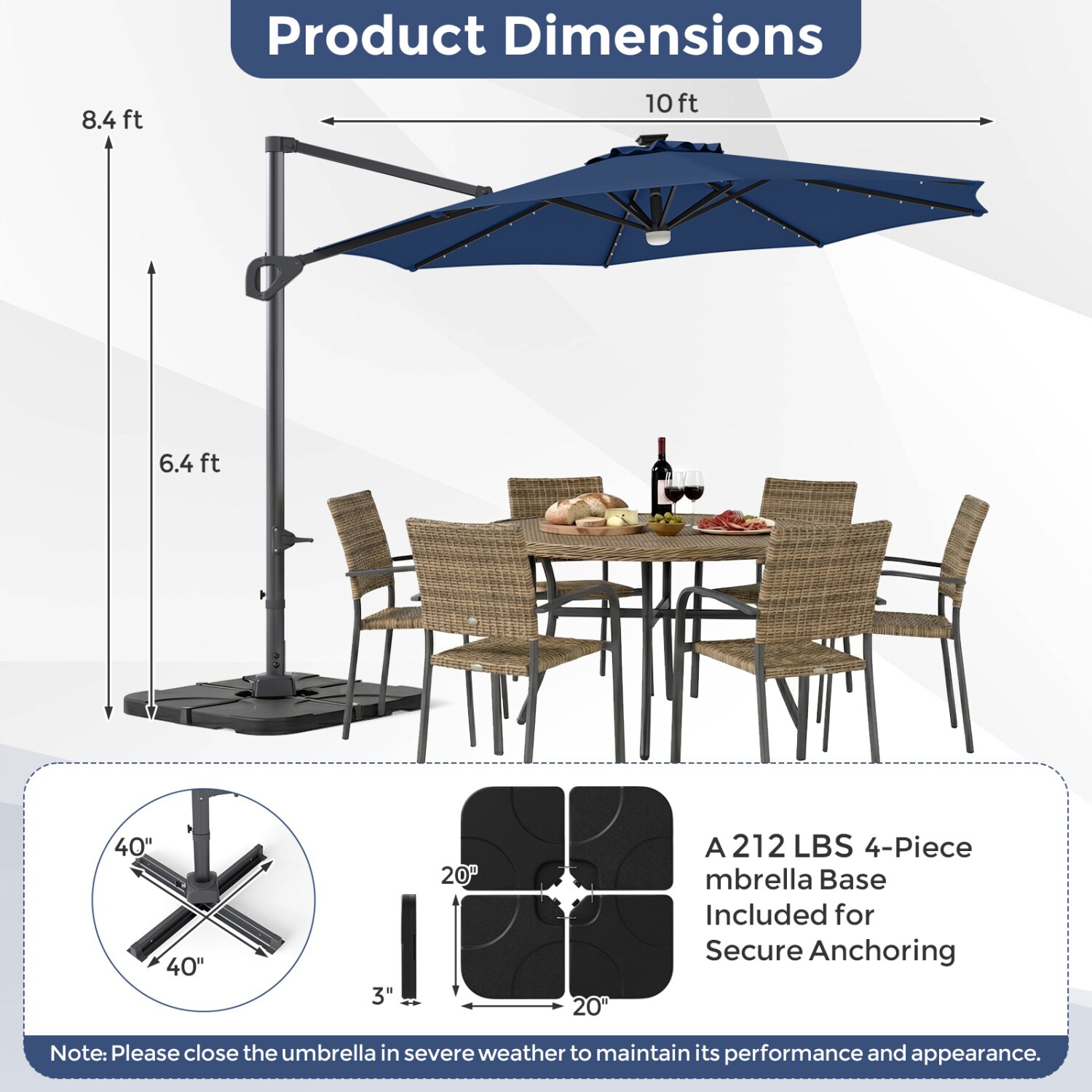 Volenca 10-ft Cantilever Patio Umbrella with 35 Solar LED Lights and ...