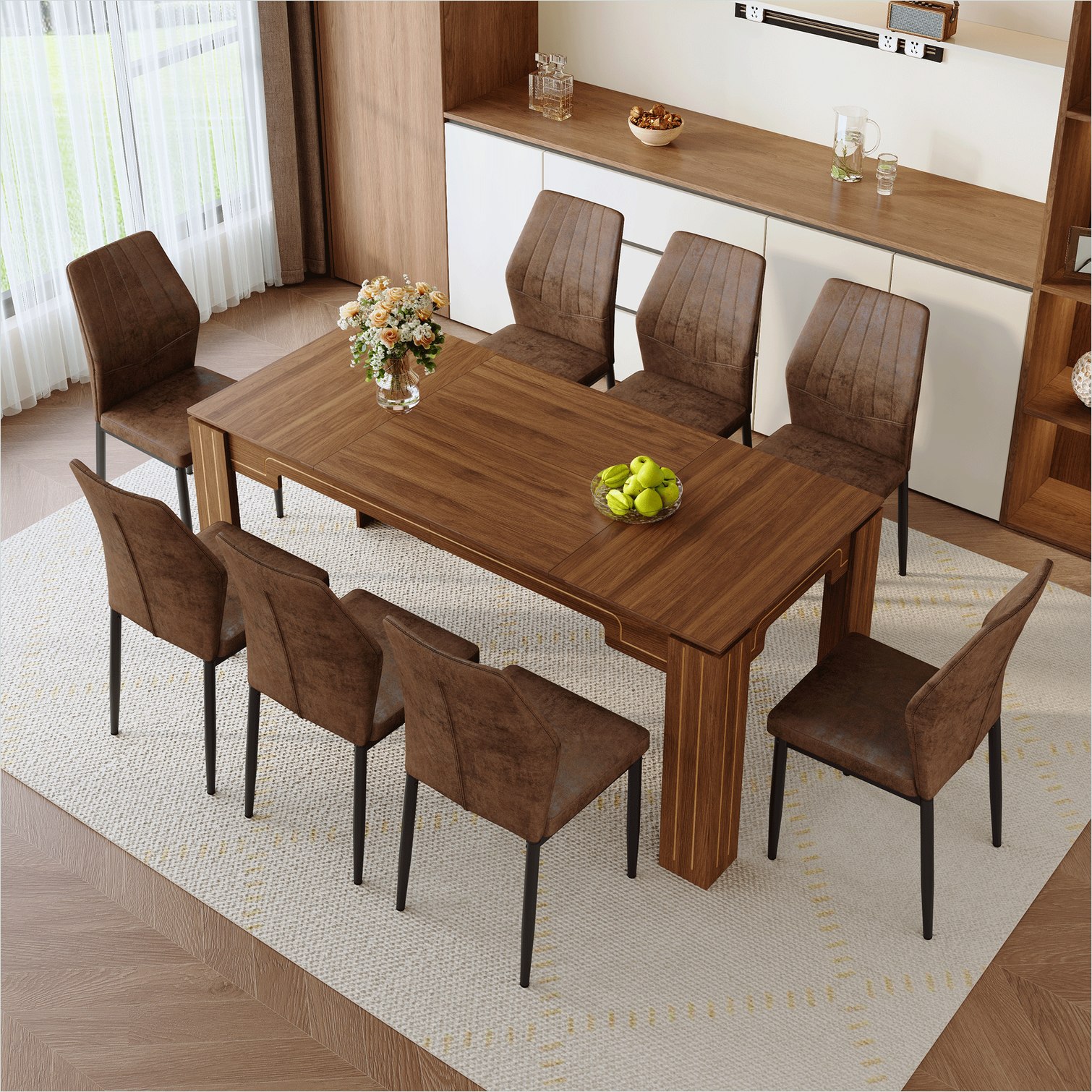 Watnature 8-Person Dining Table Set with Round Walnut Table and Brown ...