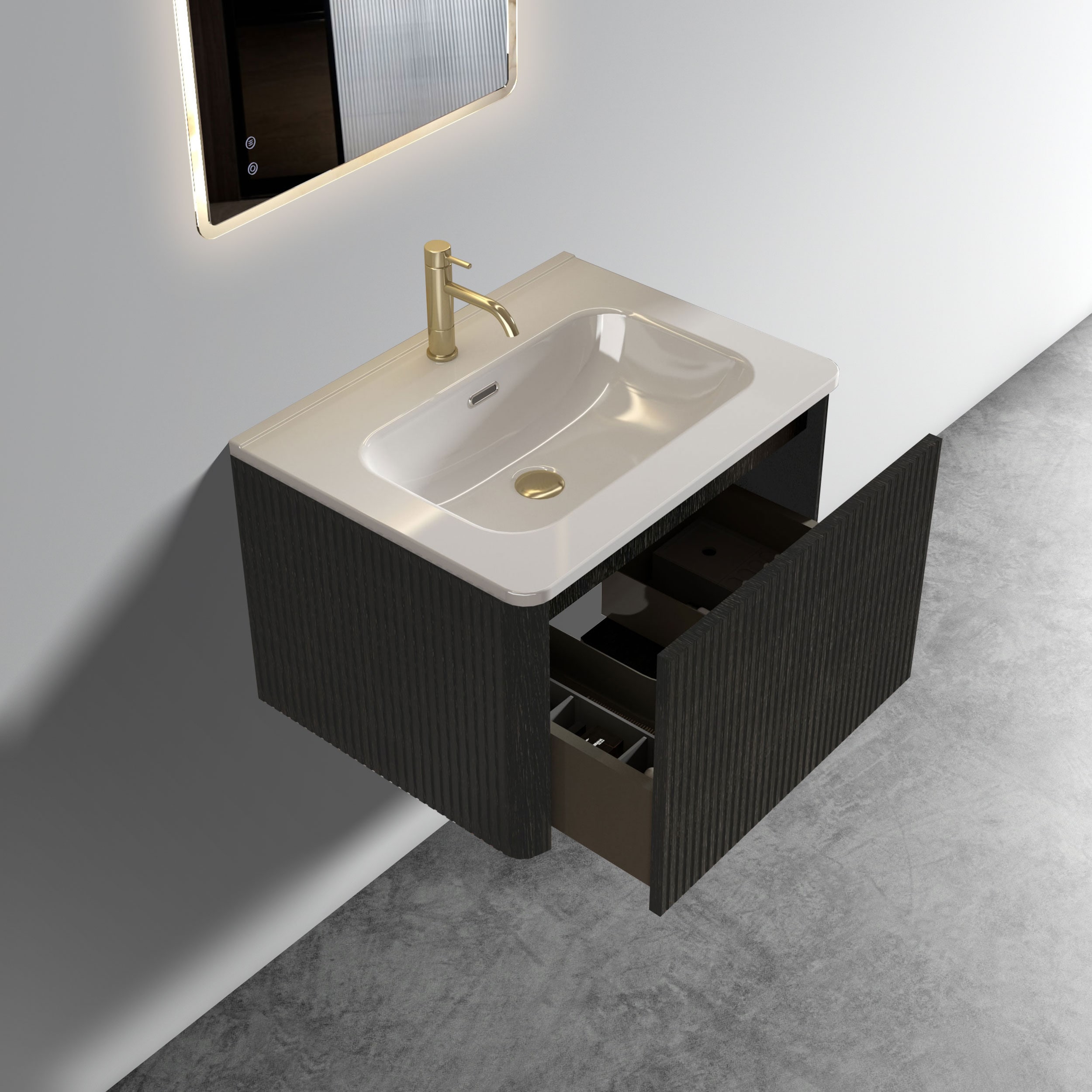 Tatayosi 24inch Striped Brushed Black Oak Floating Bathroom Vanity with ...