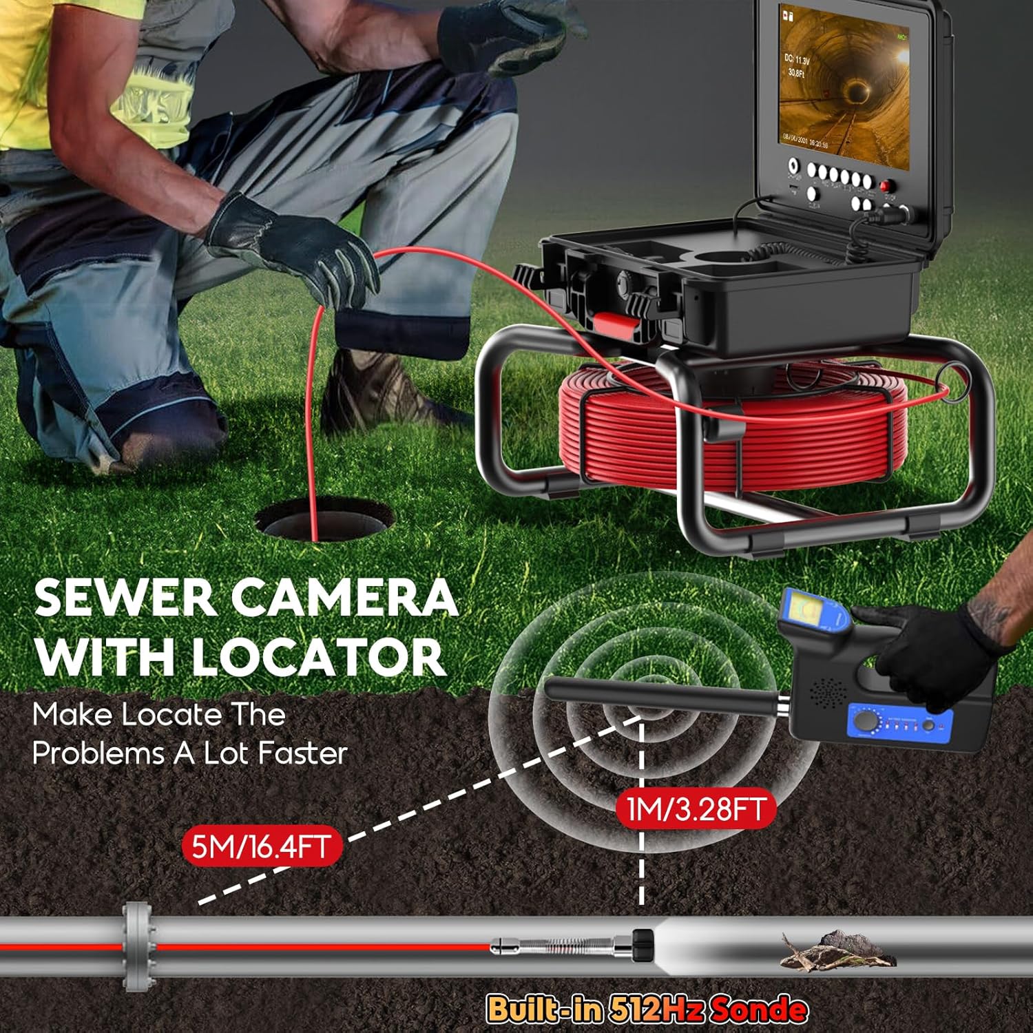 Anysun 165ft Sewer Camera with 512Hz Sonde and Locator Kit Self ...