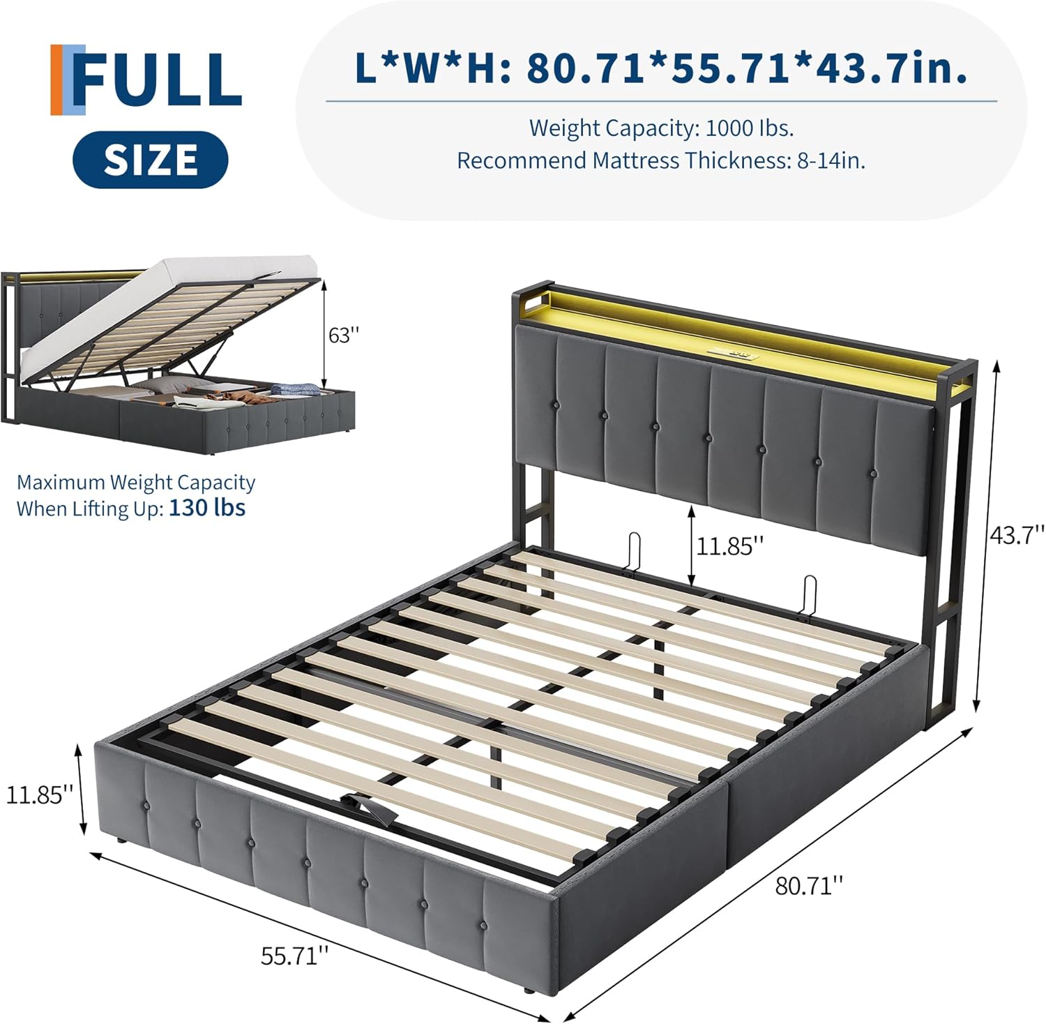 Garvee Full Bed Frame with LED Lights USB Outlets Upholstered Velvet ...