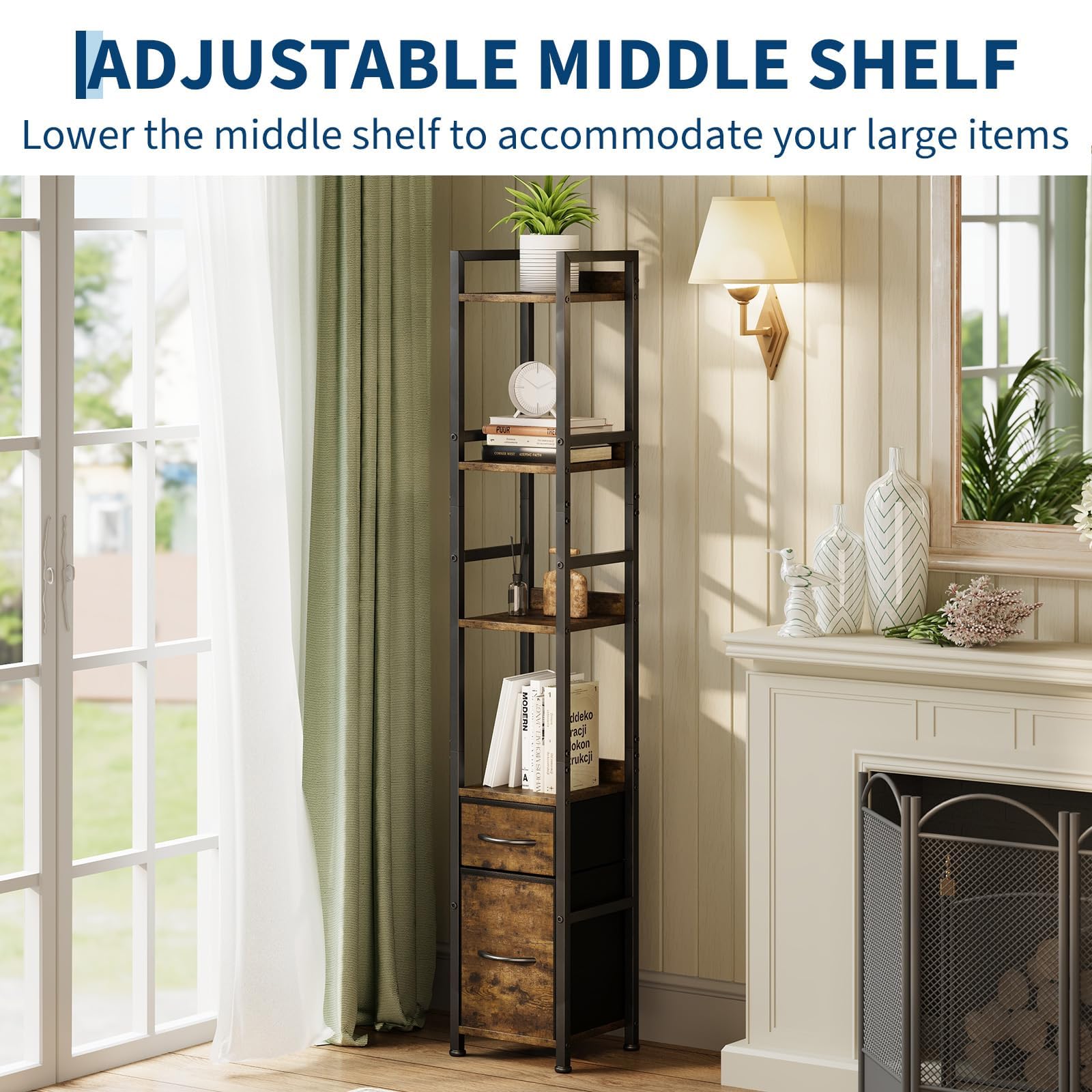 Garvee 4 Tier Tall Bookshelf with 2 Drawers Modern Industrial Wood ...