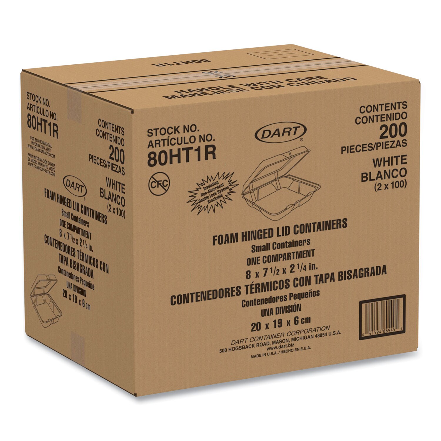 Dart Foam Hinged Lid Containers 7.5 x 8 x 2.2 White 200 per Carton in ...