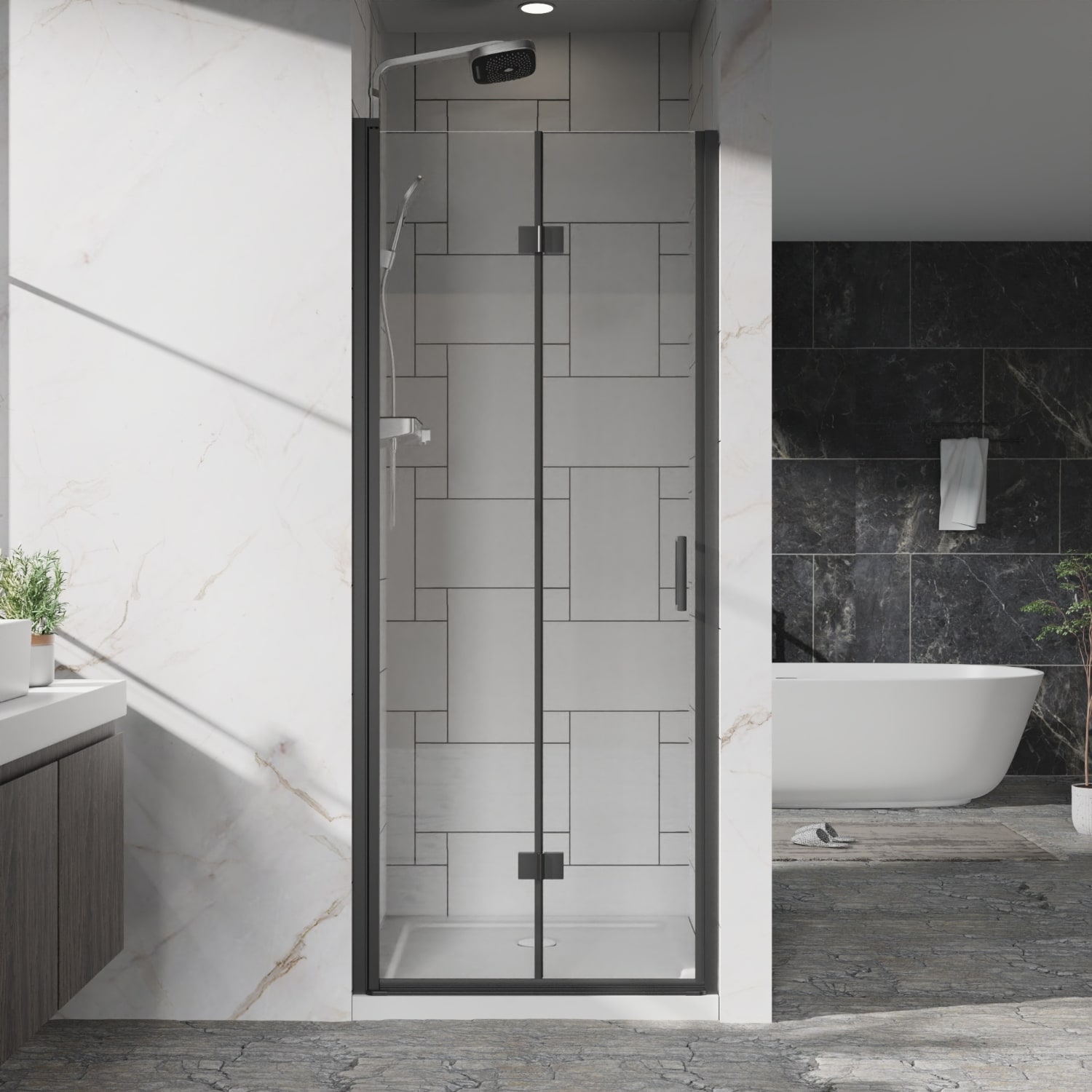 Wooakway 32in x 72in Black Finish Pivot Bifold Frameless Glass Shower ...