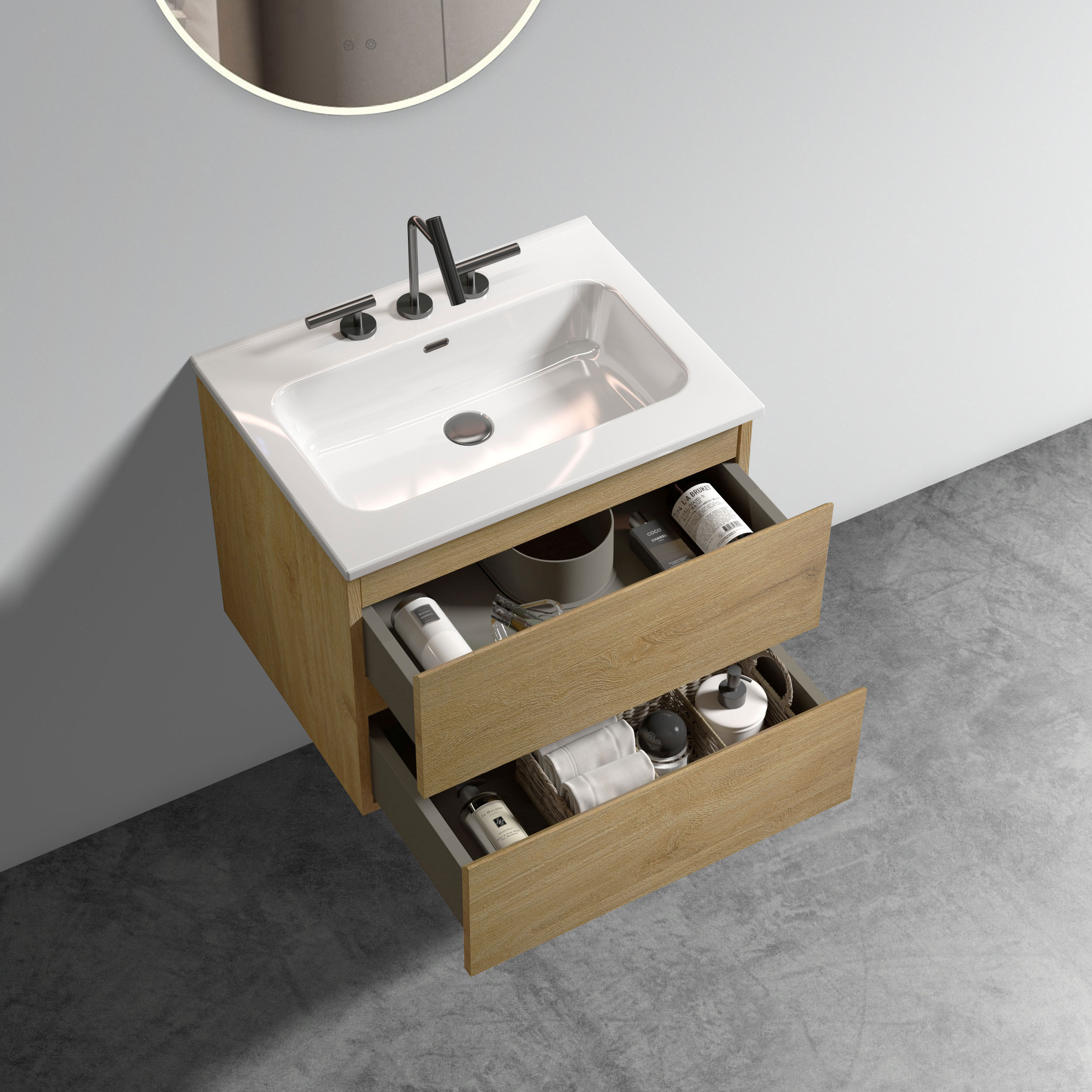 Tahanbath Wall Mount 24 inches Natural Oak Bathroom Vanity with Ceramic ...