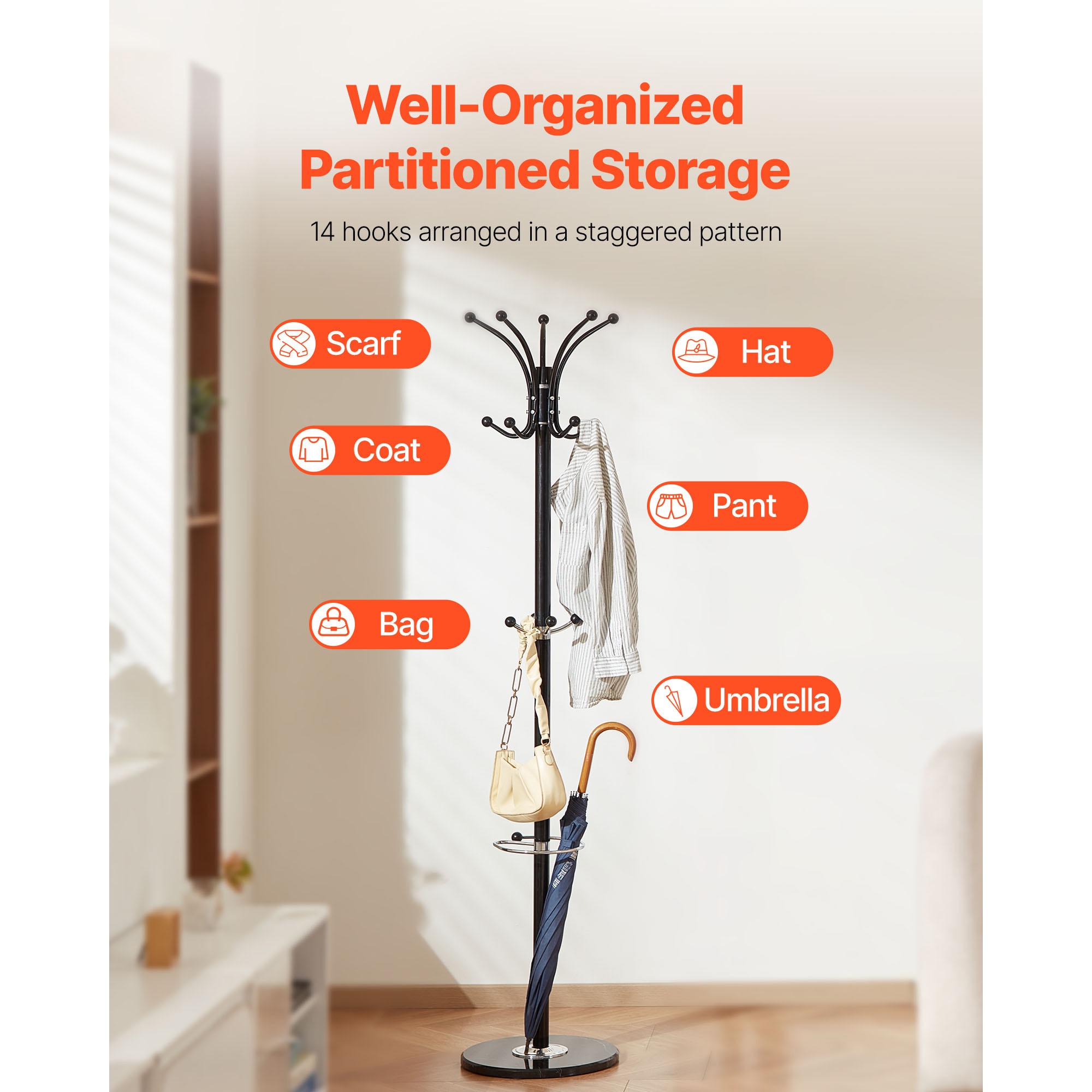 VEVOR Freestanding Coat Rack Metal Coats Rack Stand with Umbrella ...