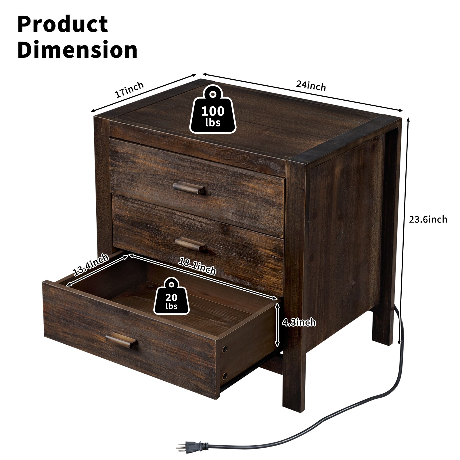 Upsimples Solid Wood Nightstand with 2 USB Ports 2 Charger Outlets ...