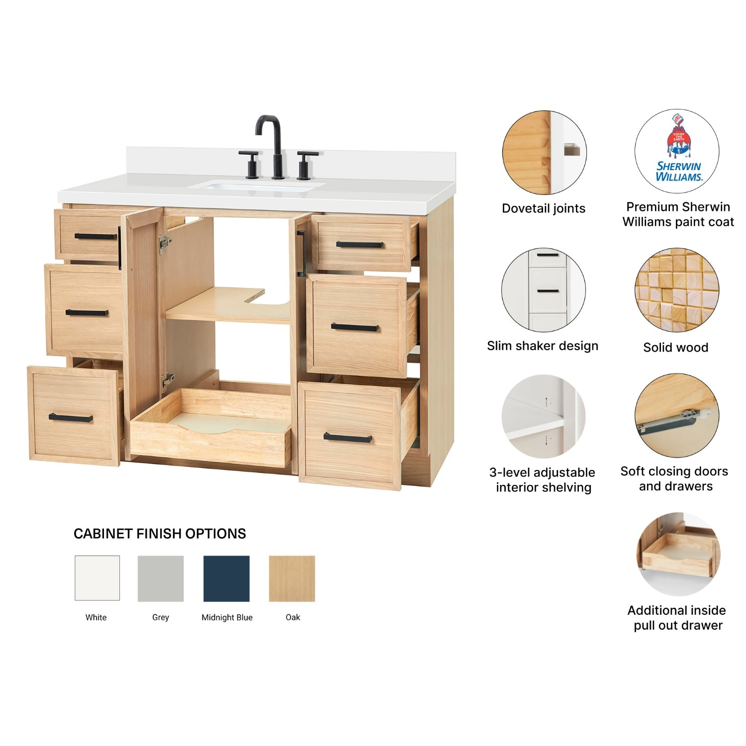 ARIEL Kelly 48-in Oak Undermount Single Sink Bathroom Vanity with Pure ...