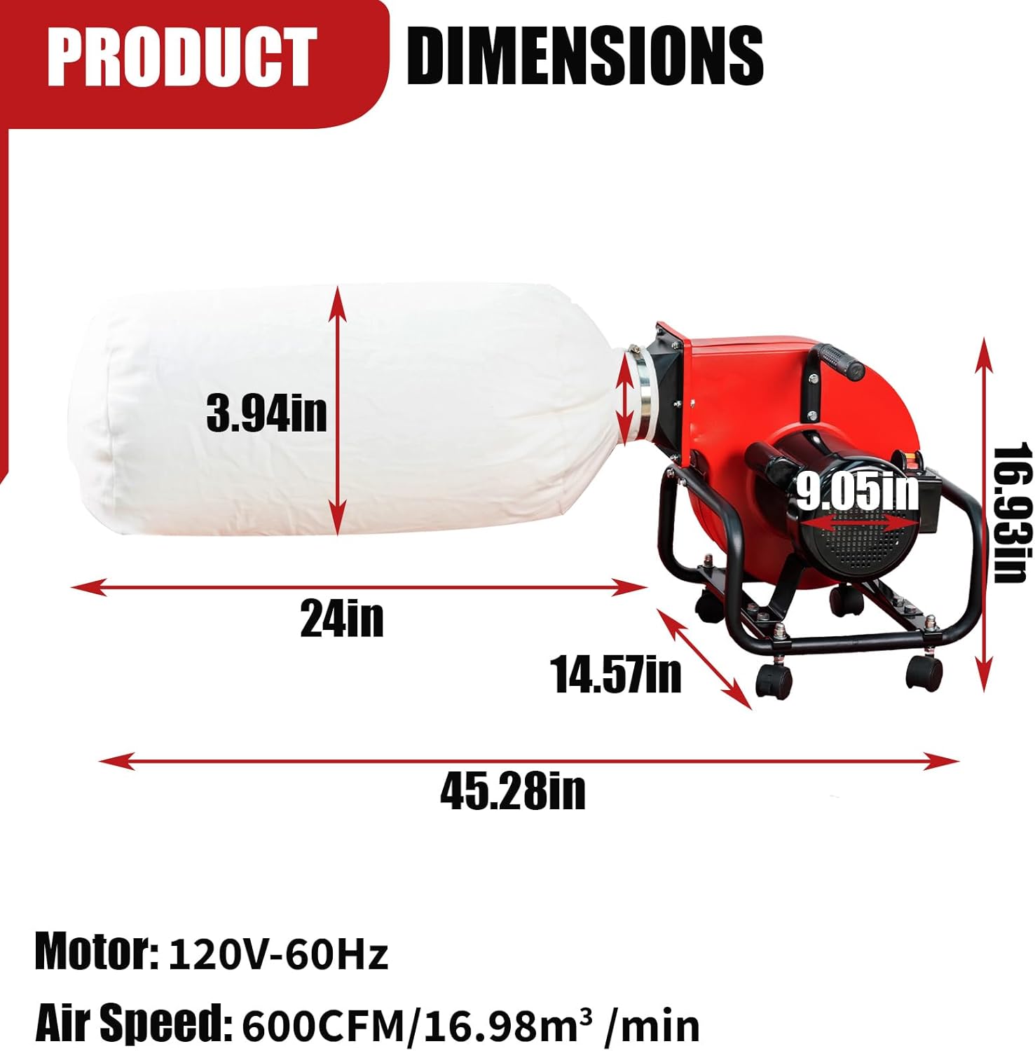 Garvee Horizontal Dust Collector 750W 1HP with 57L Collection Bag ...